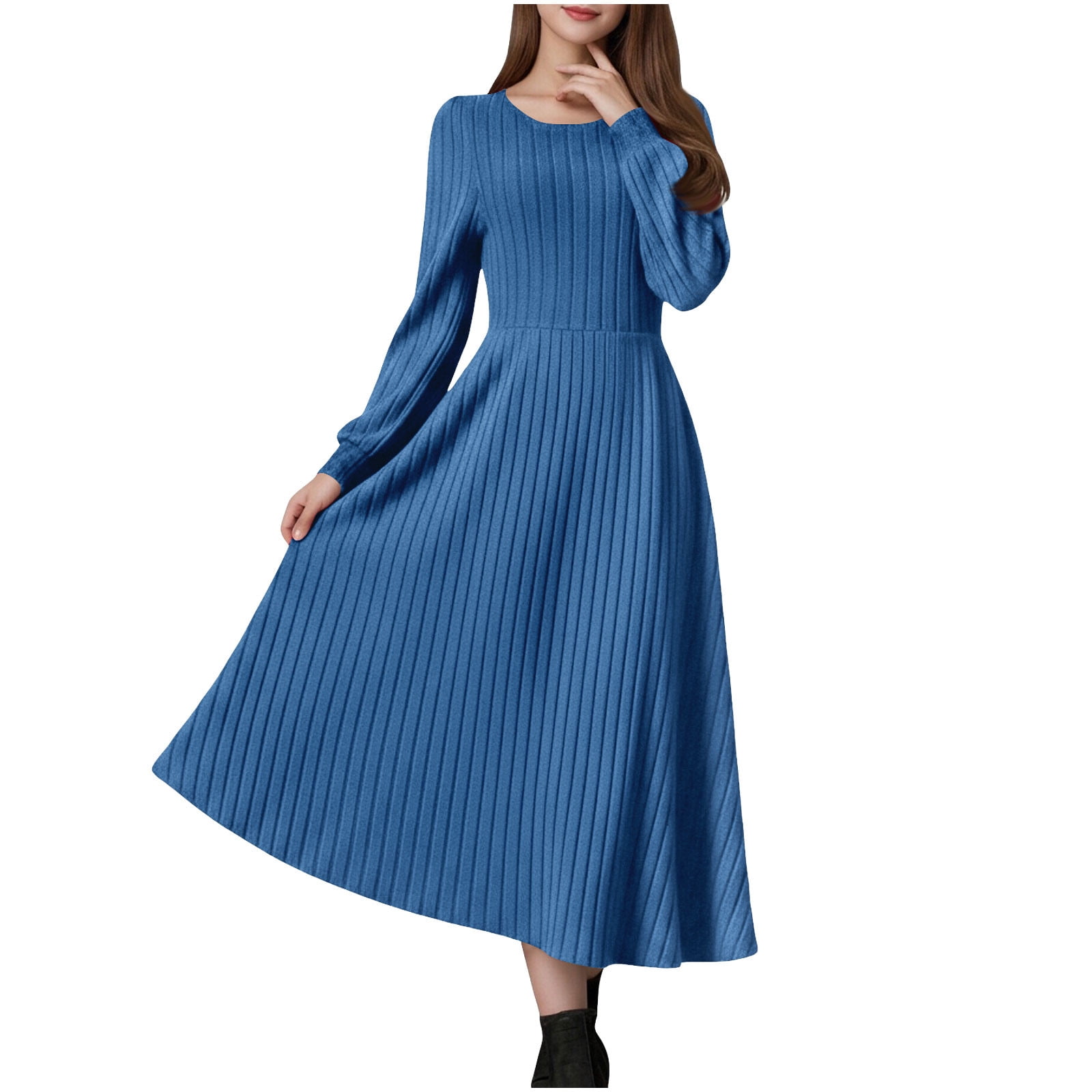 Ecqkame Women's Long Sleeve Sweater Dresses Elegant A Line Flowy Ribbed ...