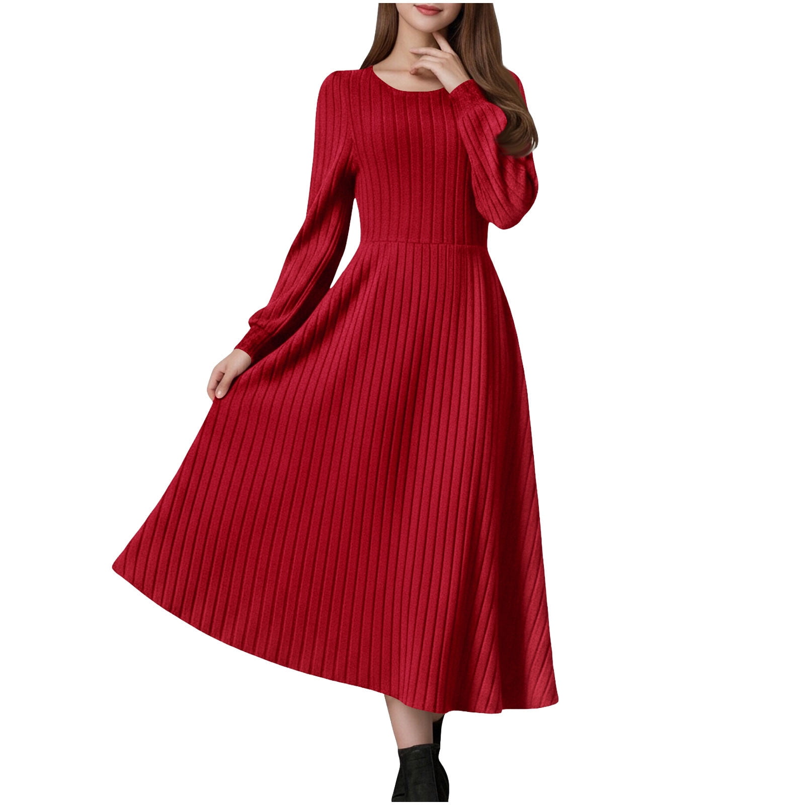 Ecqkame Women's Long Sleeve Sweater Dresses Elegant A Line Flowy Ribbed ...
