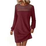 Ecqkame Women's Long Sleeve Sweater Dresses Round Neck Lace Cut-Out ...