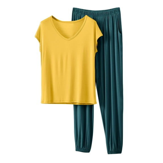 Ecqkame Women's Loose Pajama Set Leisure Solid Color V-Neck Short ...