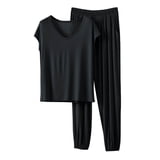 Ecqkame Women's Loose Pajama Set Leisure Solid Color V-Neck Short ...