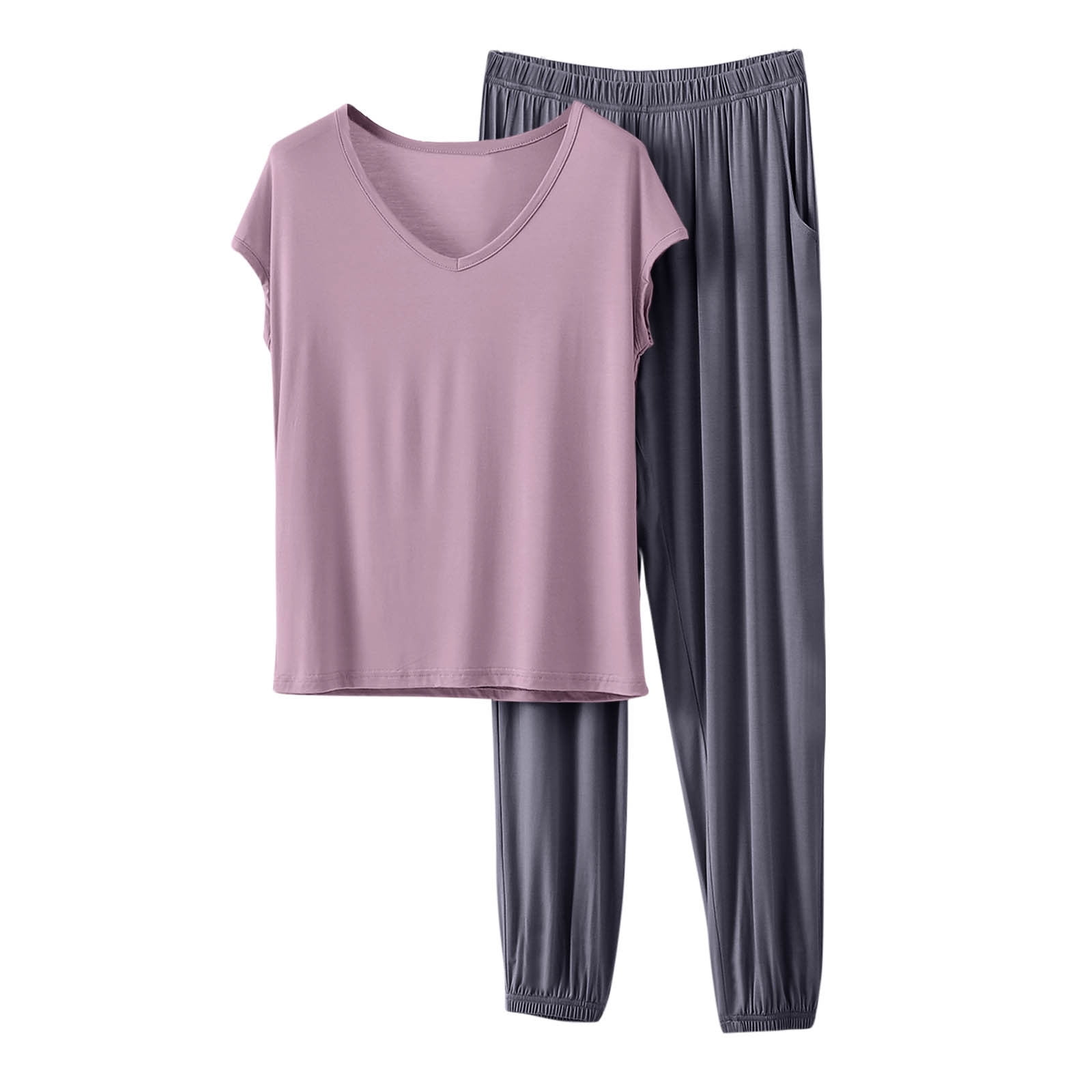 Ecqkame Women's Loose Pajama Set Leisure Solid Color V-Neck Short ...