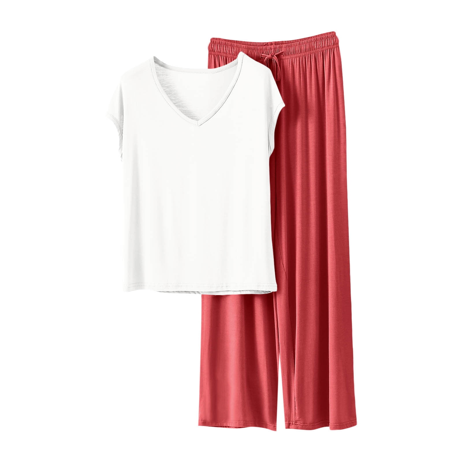 Ecqkame Women's Loose Pajama Set Leisure Solid Color V-Neck Short ...