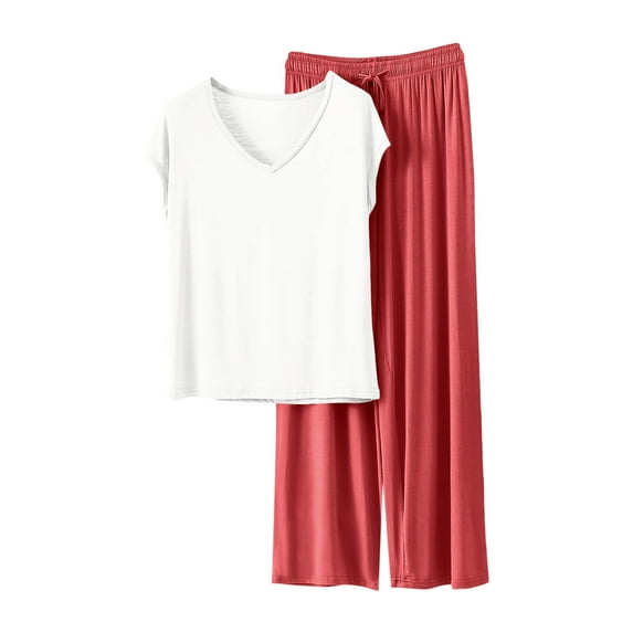 Ecqkame Women's Loose Pajama Set Leisure Solid Color V-Neck Short ...