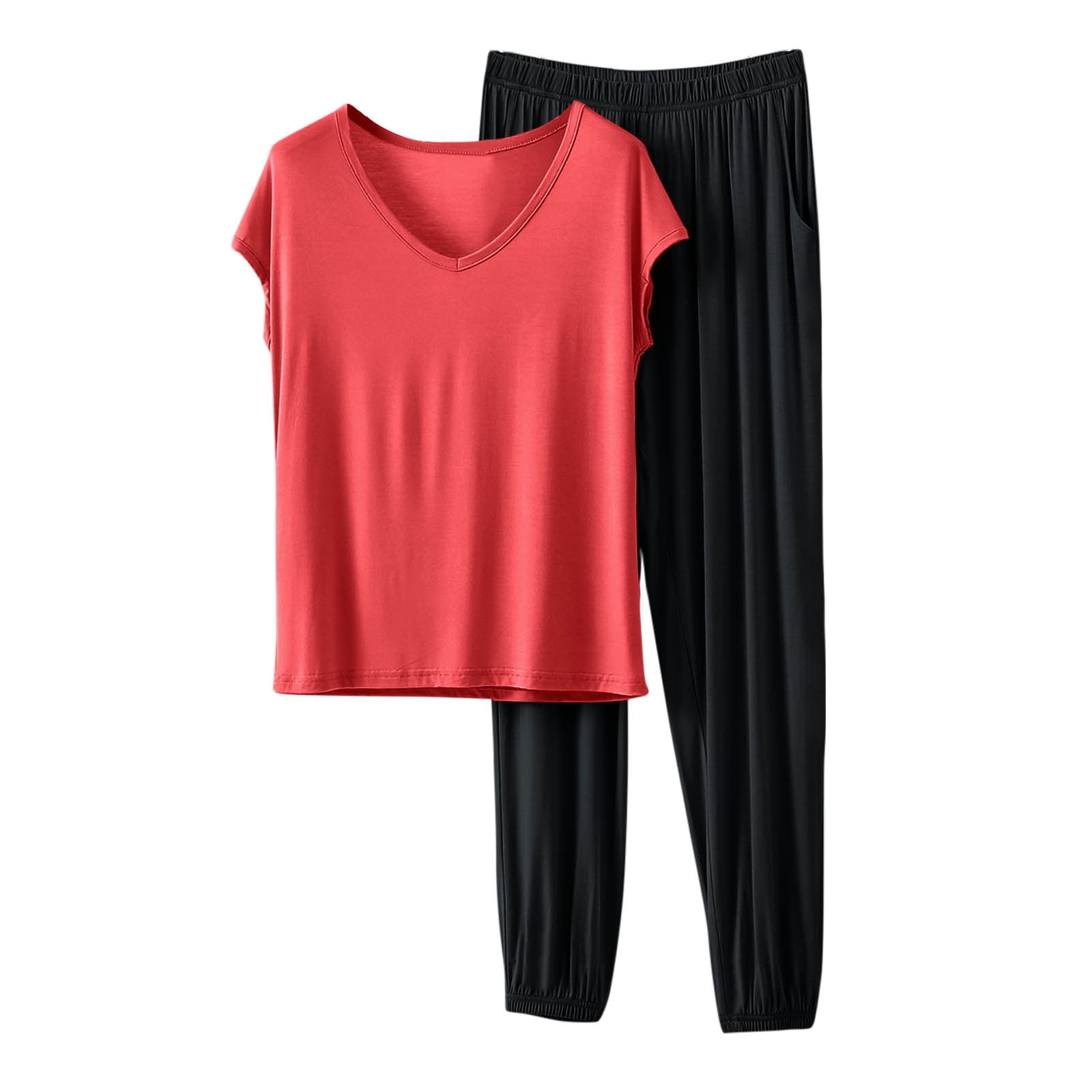 Ecqkame Women's Loose Pajama Set Leisure Solid Color V-Neck Short ...