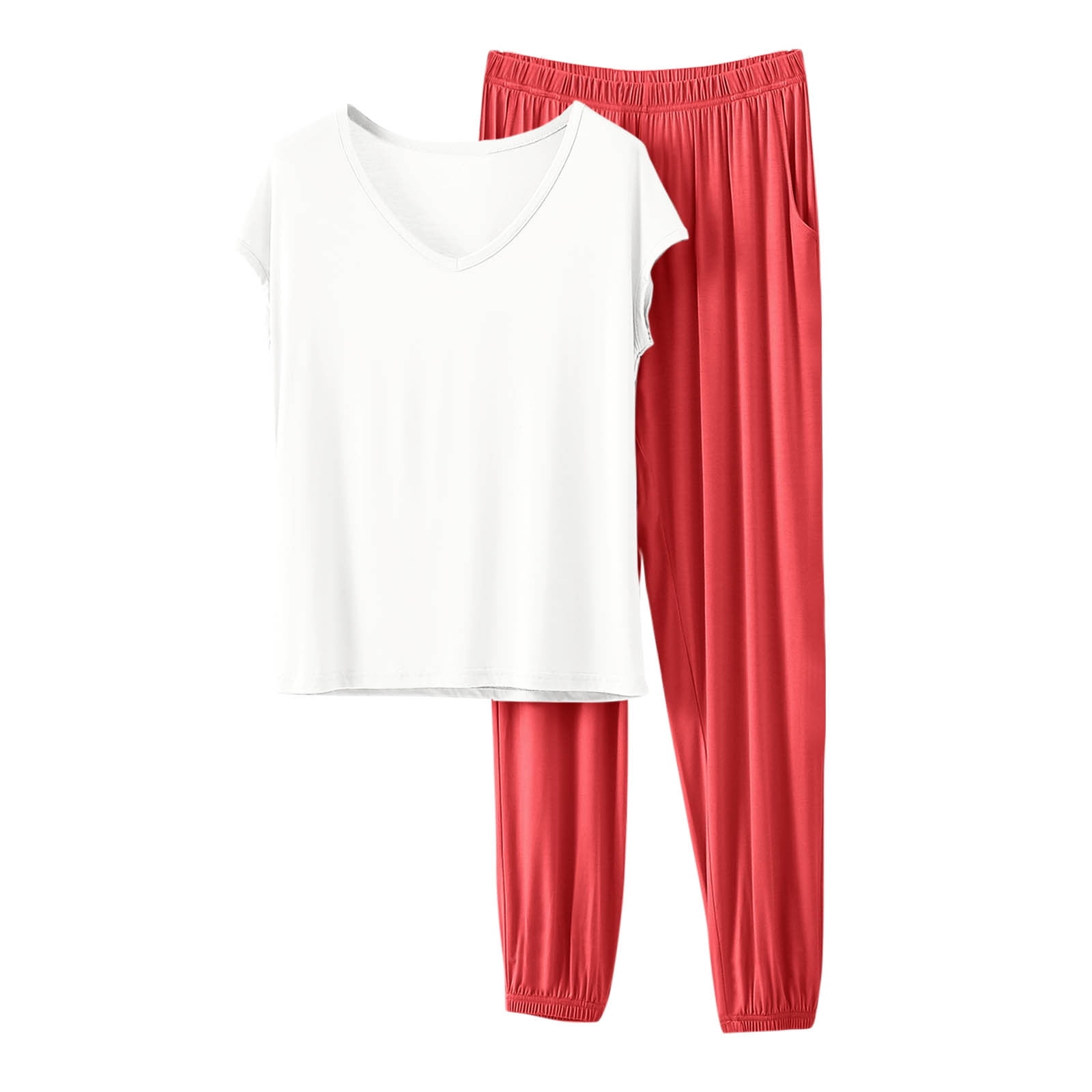 Ecqkame Women's Loose Pajama Set Leisure Solid Color V-Neck Short ...