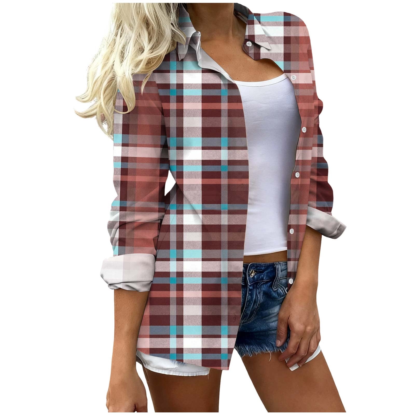 Ecqkame Women's Plaid Shirts Fashion Button Up Turndown Collar Long ...