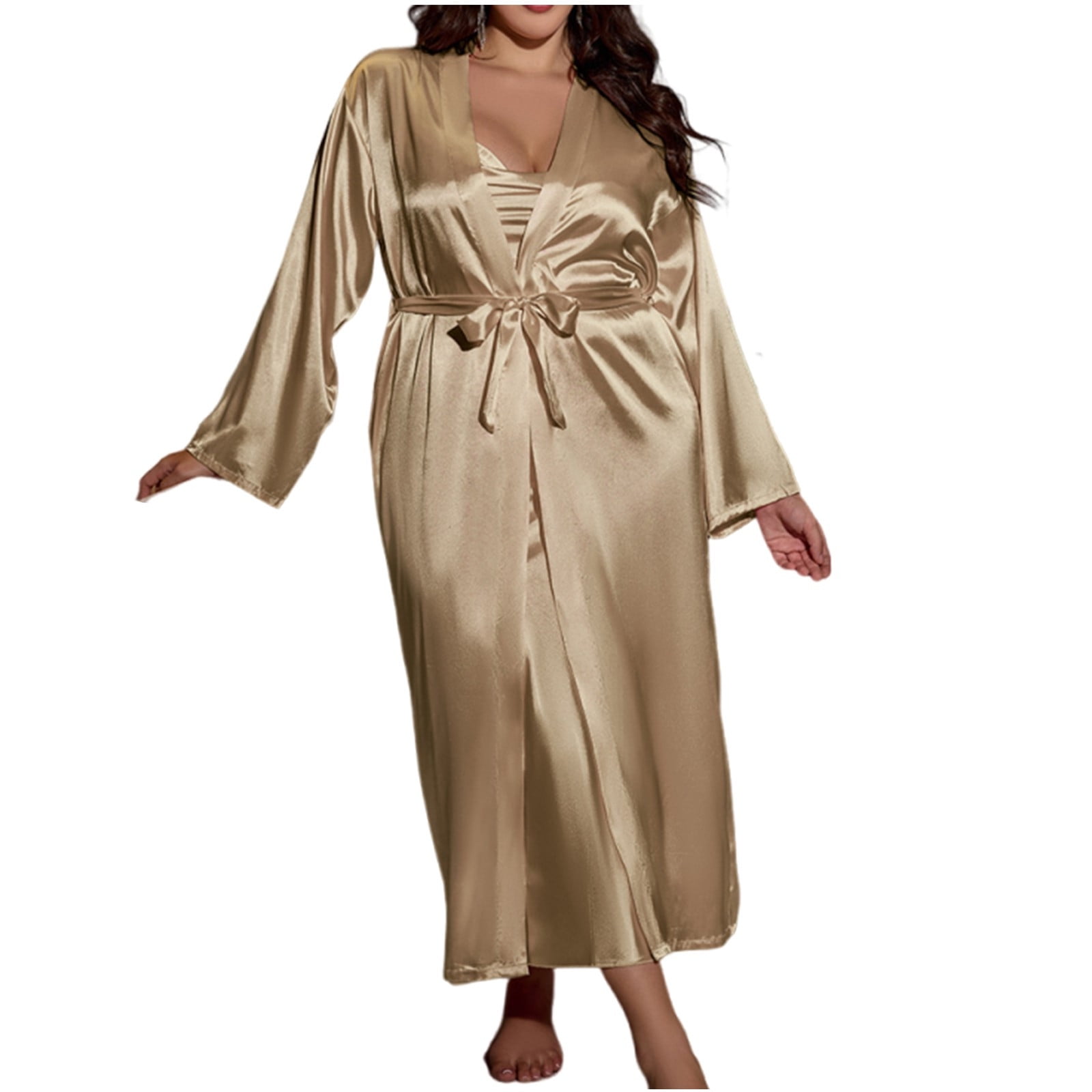 Ecqkame Women's Plus Size Satin Nightgowns Solid Color Lace-Up Long ...