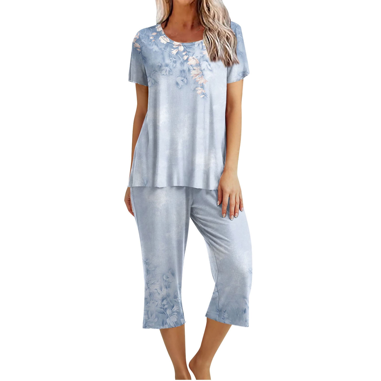Ecqkame Women's Sleepwear Capri Pajama Sets Clearance Printed Round ...
