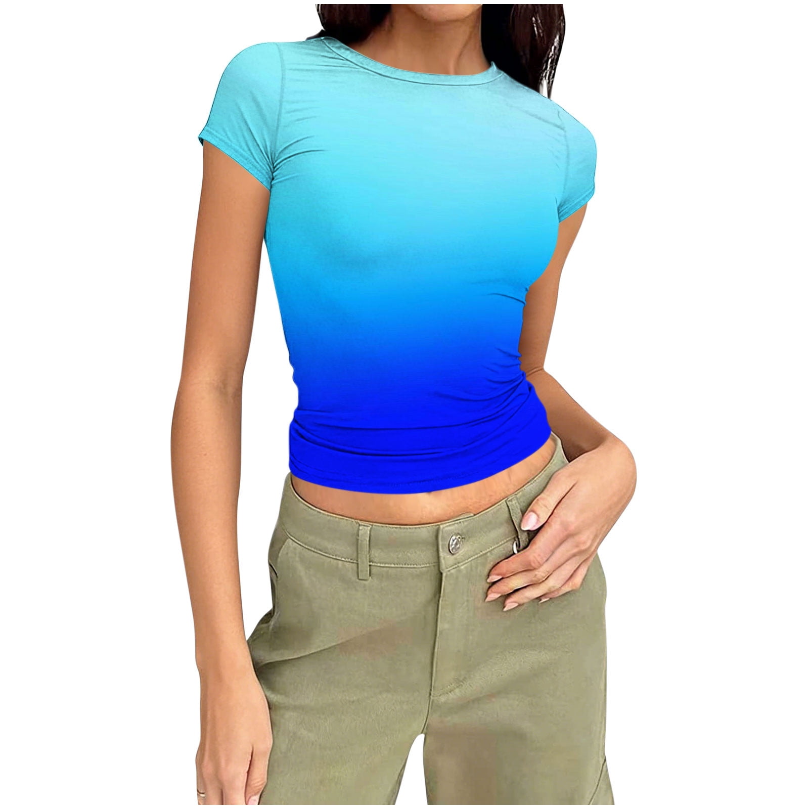 Ecqkame Women's Slim Fitted T-Shirts Crew Neck Short Sleeve Basic Shirt ...