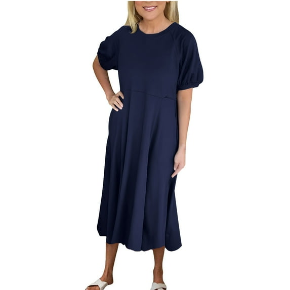 Ecqkame Women's Spring Summer Casual Loose Dresses Crew Neck Short ...