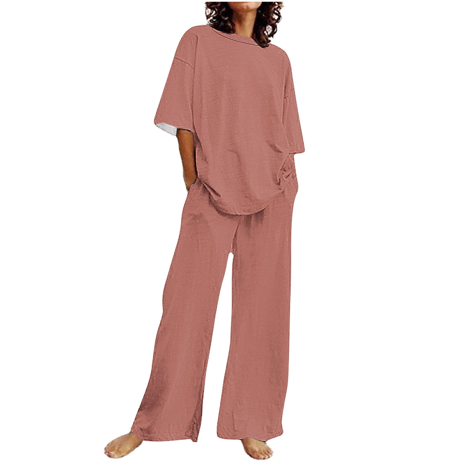 Ecqkame Women's Summer 2 Piece Outfits Short Sleeve Crew Neck Loose ...