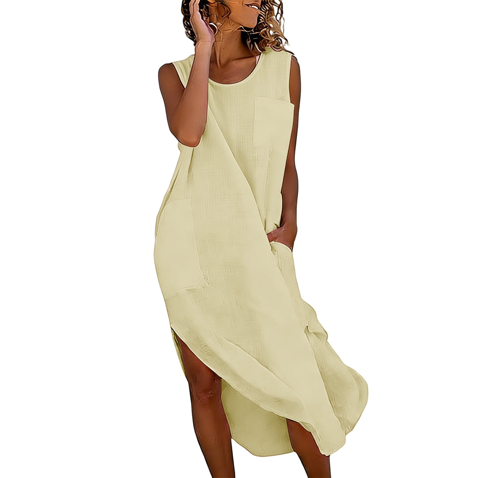 Ecqkame Women's Summer Linen Dresses Casual Sleeveless Solid Color ...