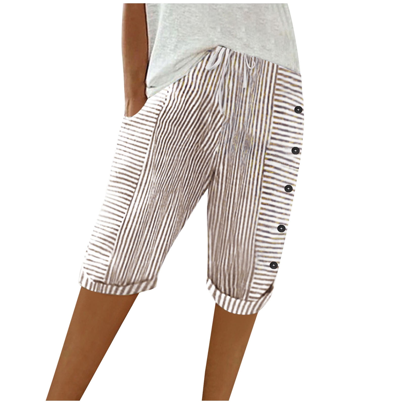 Ecqkame Women's Summer Striped Patchwork Five Quarter Pants Fashion Casual Lightweight Pants ...