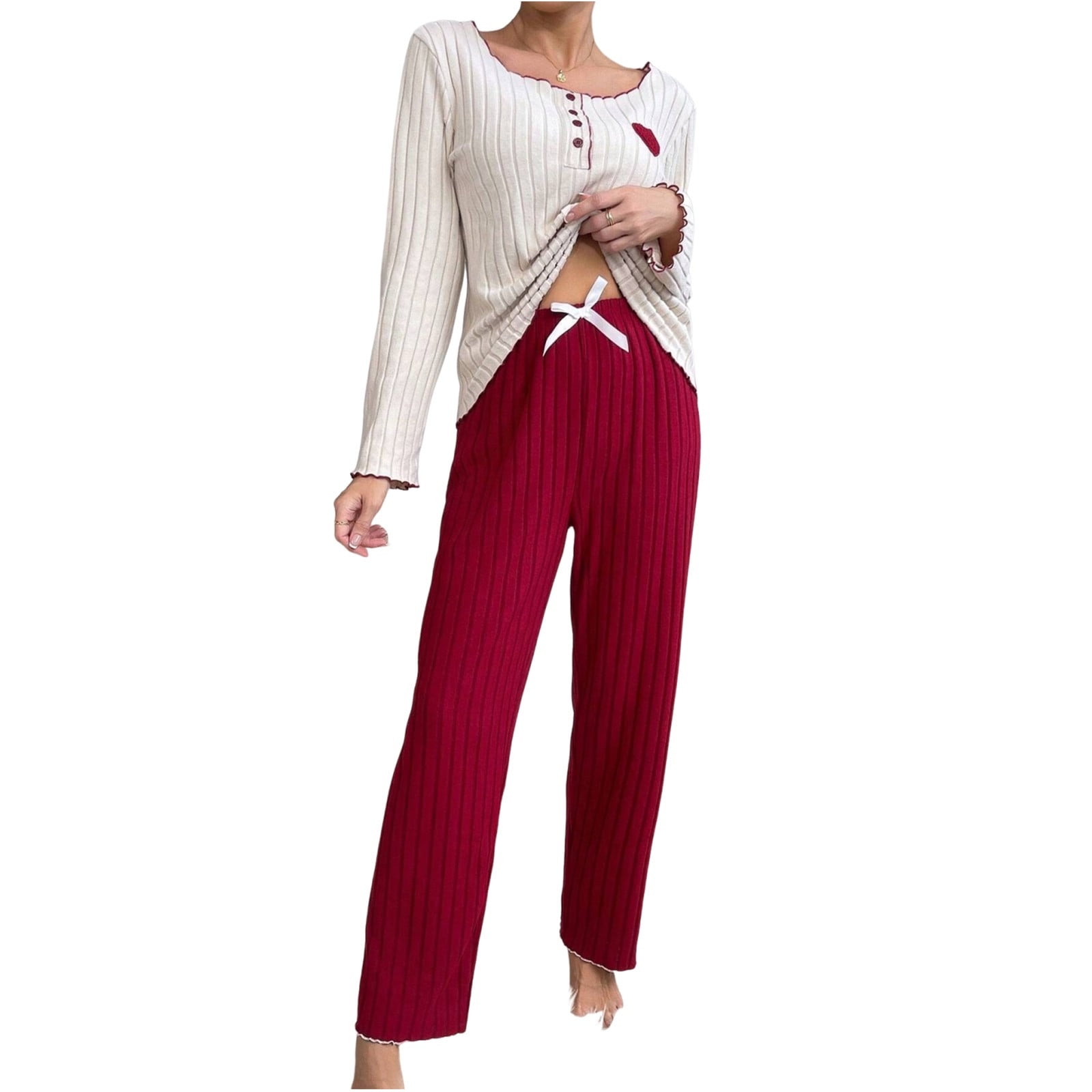 Ecqkame Women's Two Piece Pajamas Textured Slim Long Sleeve Round Neck ...