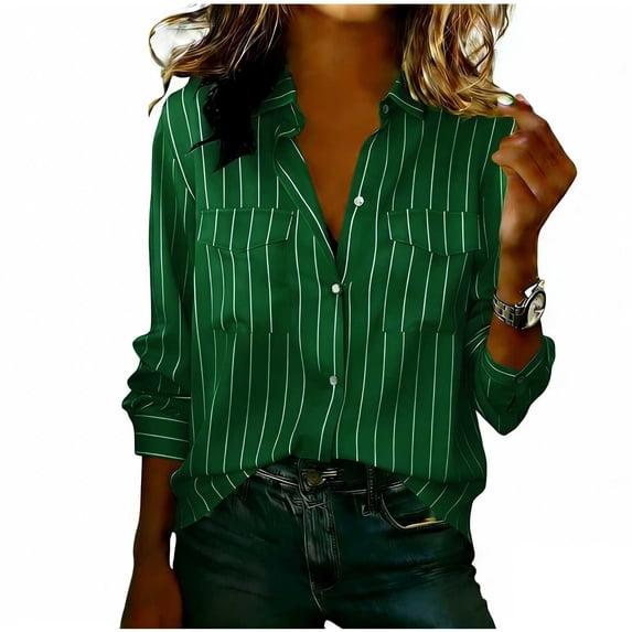 Ecqkame Womens Button-Up Shirts Long Sleeve Turndown Collar Solid Color ...