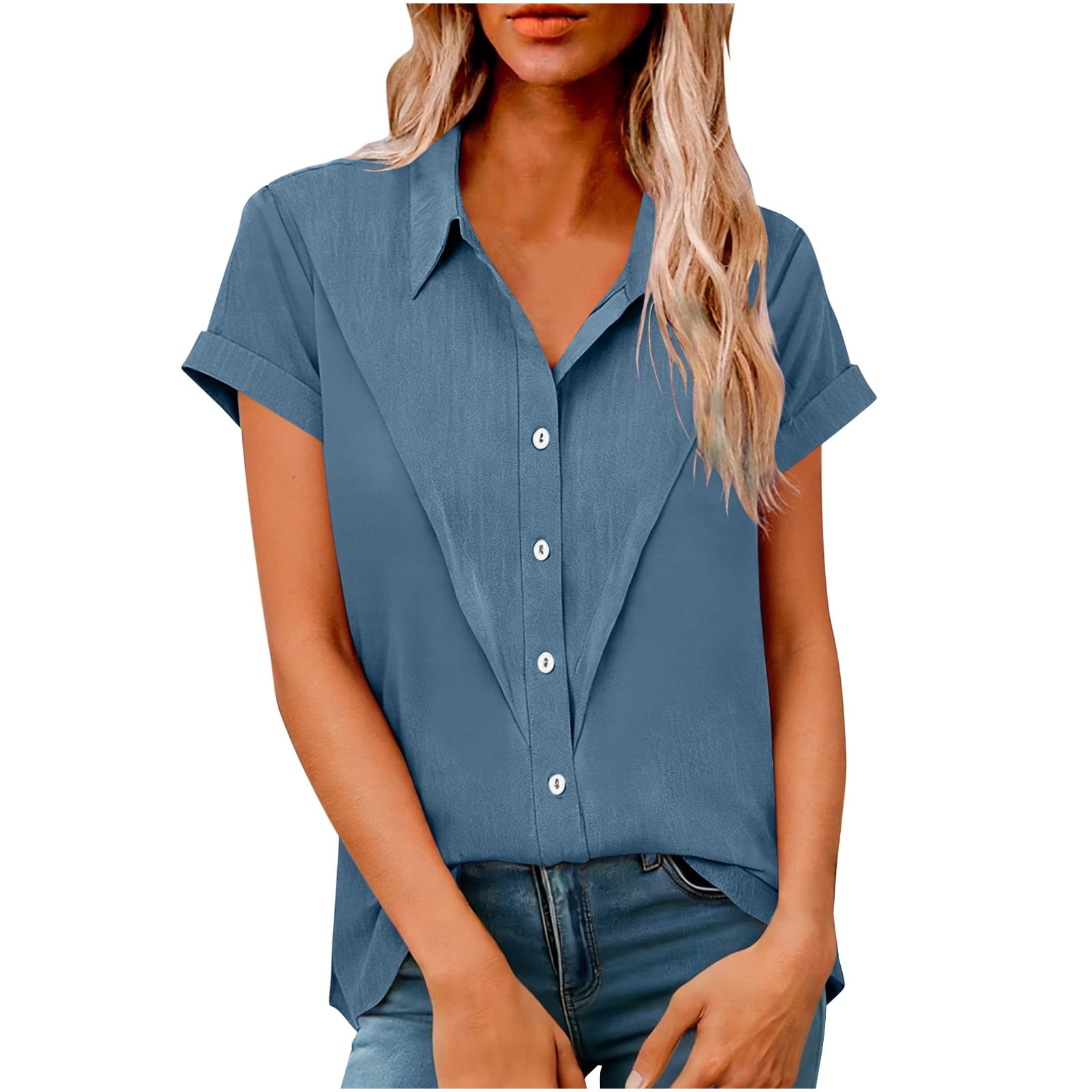 Ecqkame Womens Button-Up Shirts Turndown Collar Short Sleeve Solid ...