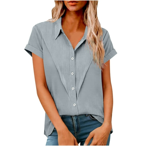Ecqkame Womens Button-Up Shirts Turndown Collar Short Sleeve Solid ...