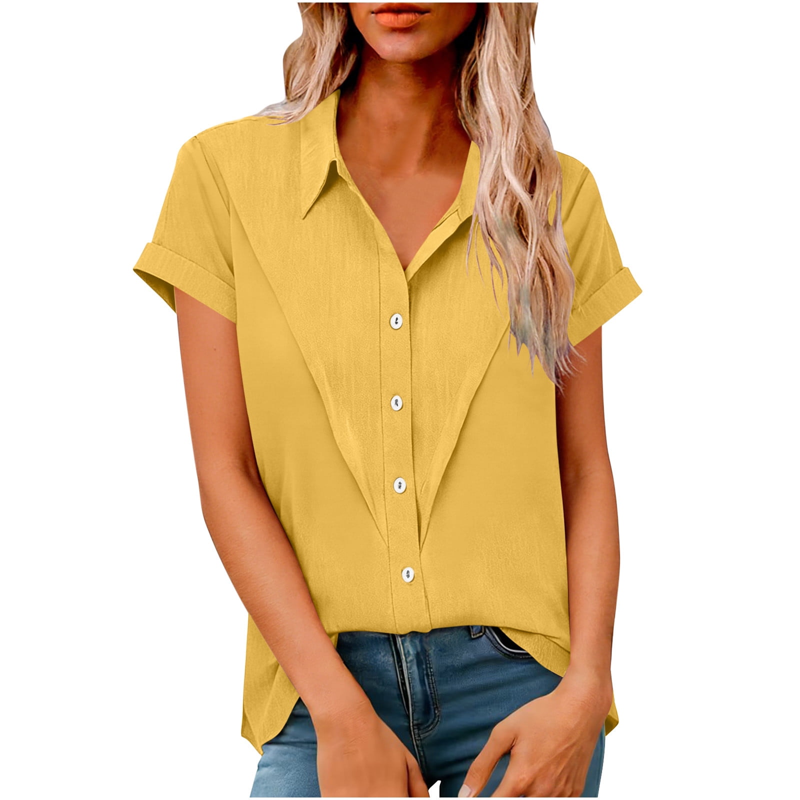 Ecqkame Womens Button-Up Shirts Turndown Collar Short Sleeve Solid ...