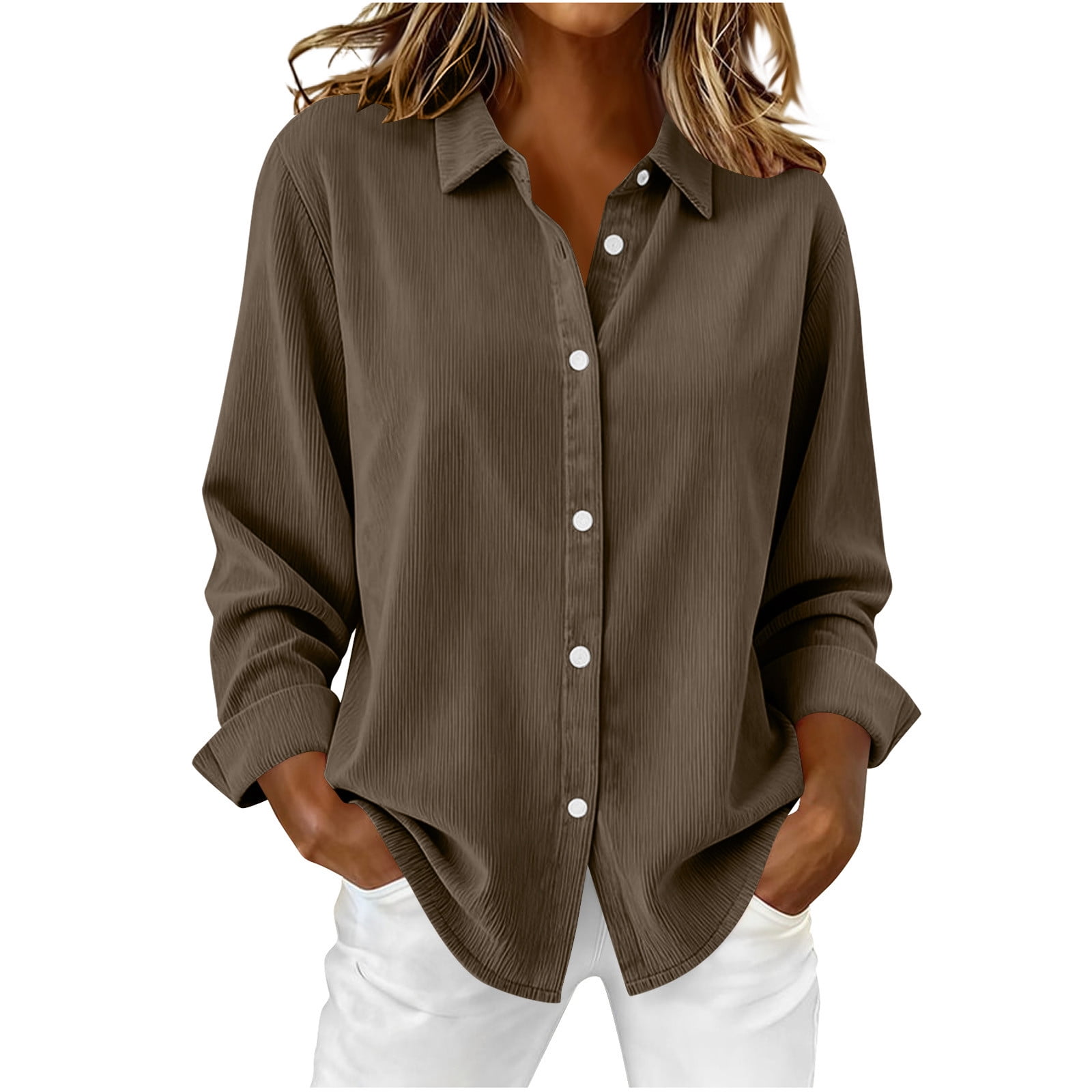 Ecqkame Womens Corduroy Tops Long Sleeve Turndown Collar Button Down ...