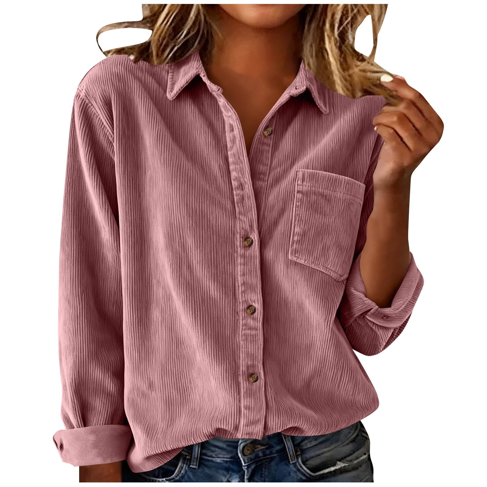 Ecqkame Womens Corduroy Tops Long Sleeve Turndown Collar Button Down ...