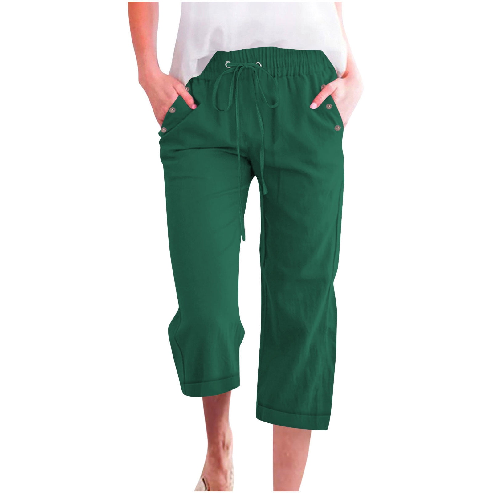 Ecqkame Womens Cotton Linen Pants Fashion Solid Color Waist Drawstring ...