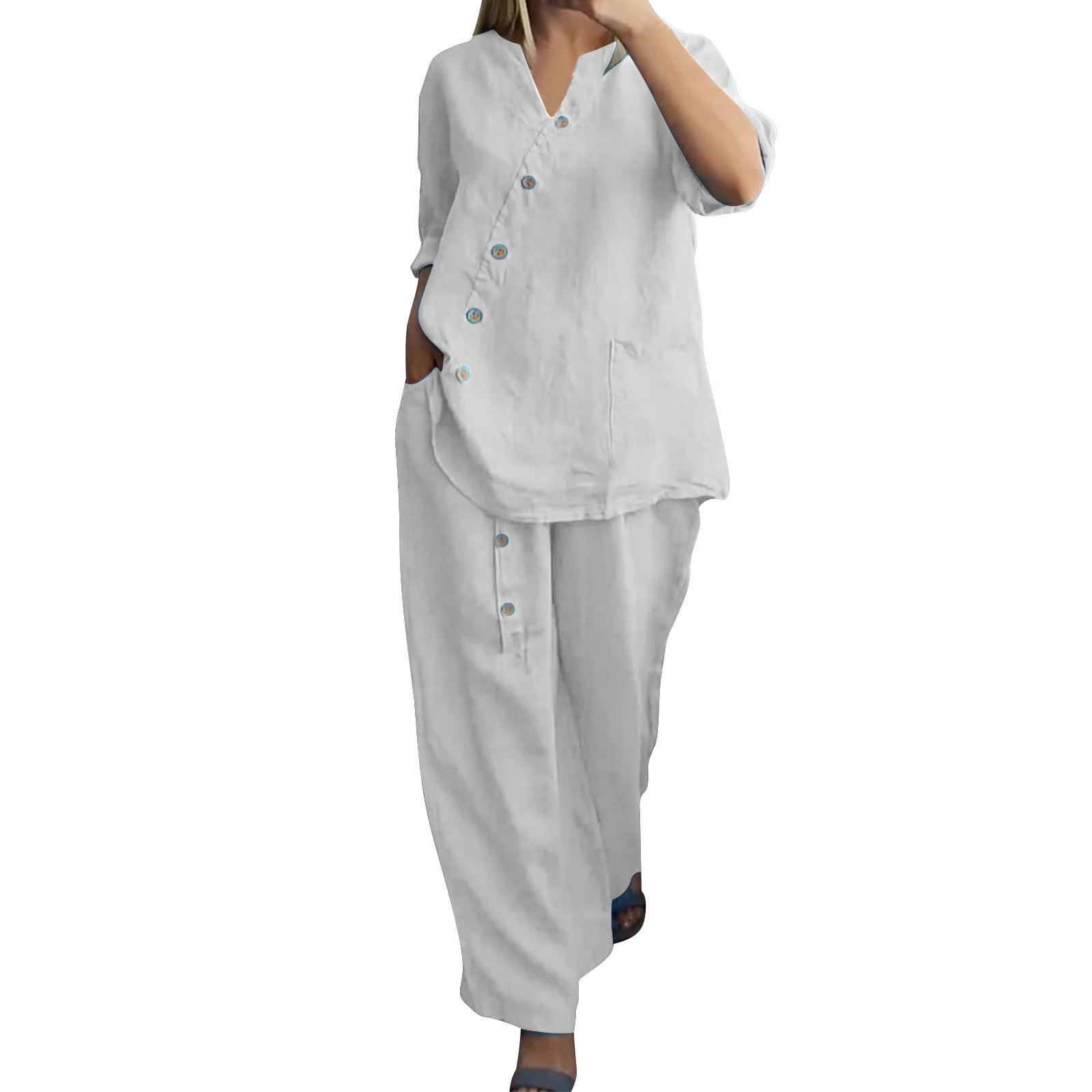 Ecqkame Womens Cotton Linen Sets Plus Size 2 Piece V Neck 3/4 Sleeve ...