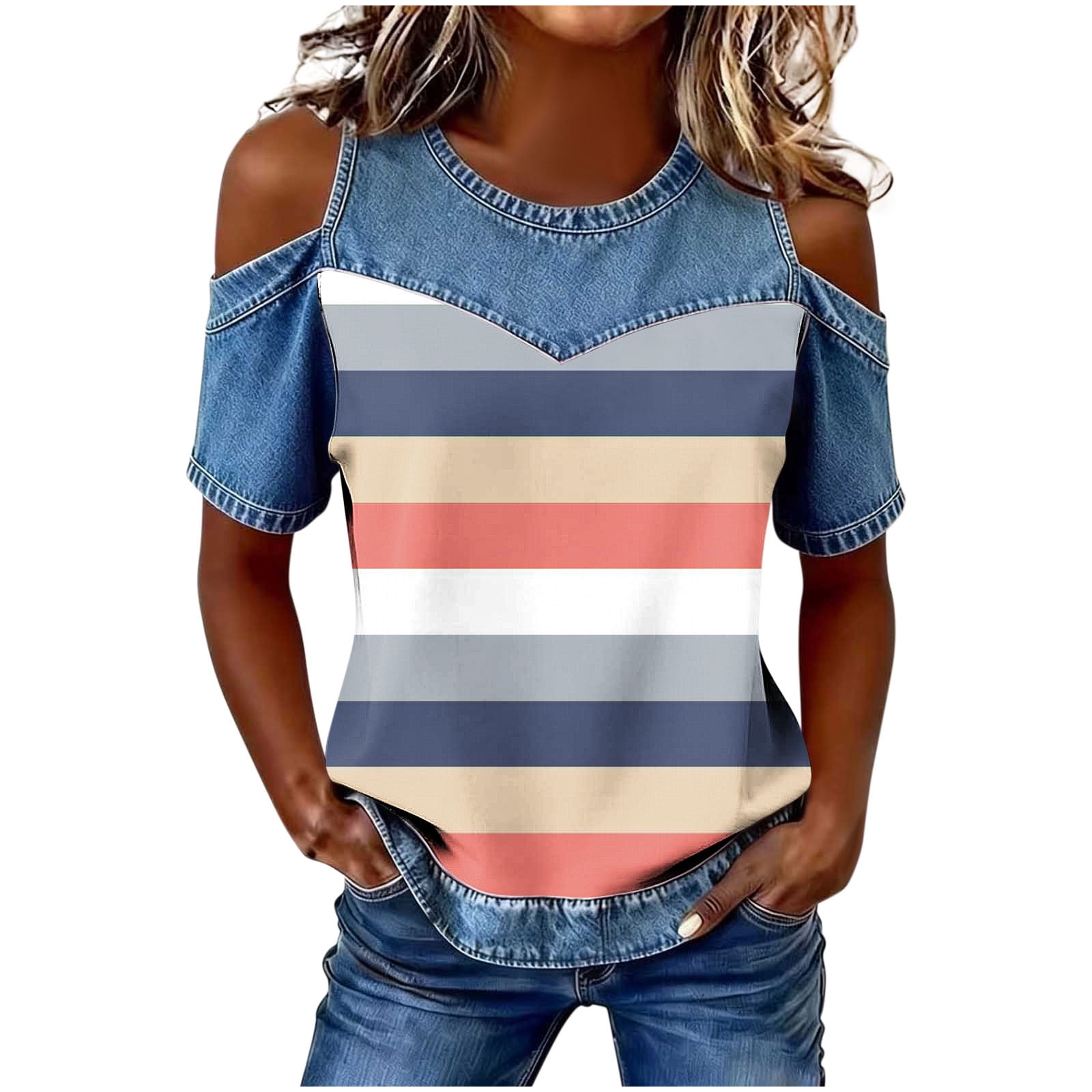 Ecqkame Womens Denim Patchwork Shirts Cold Shoulder Short Sleeve Round ...