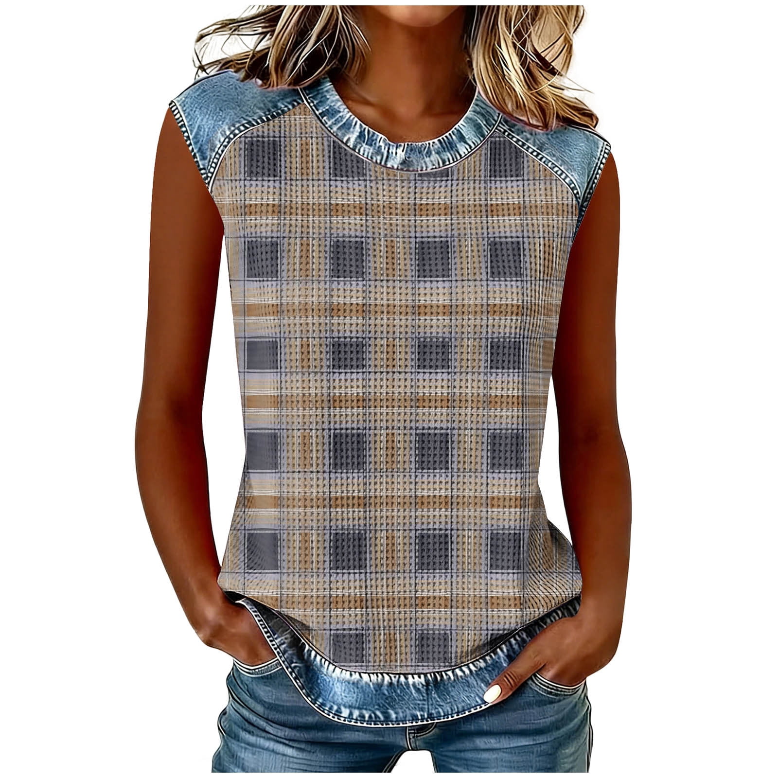 Ecqkame Womens Denim Patchwork Shirts Plaid Waffle Knit Sleeveless Top ...