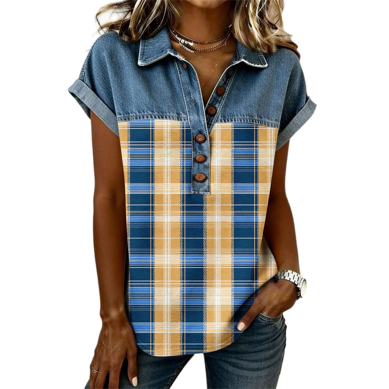 Ecqkame Womens Denim Plaid Patchwork Shirts Button Turndown Collar ...