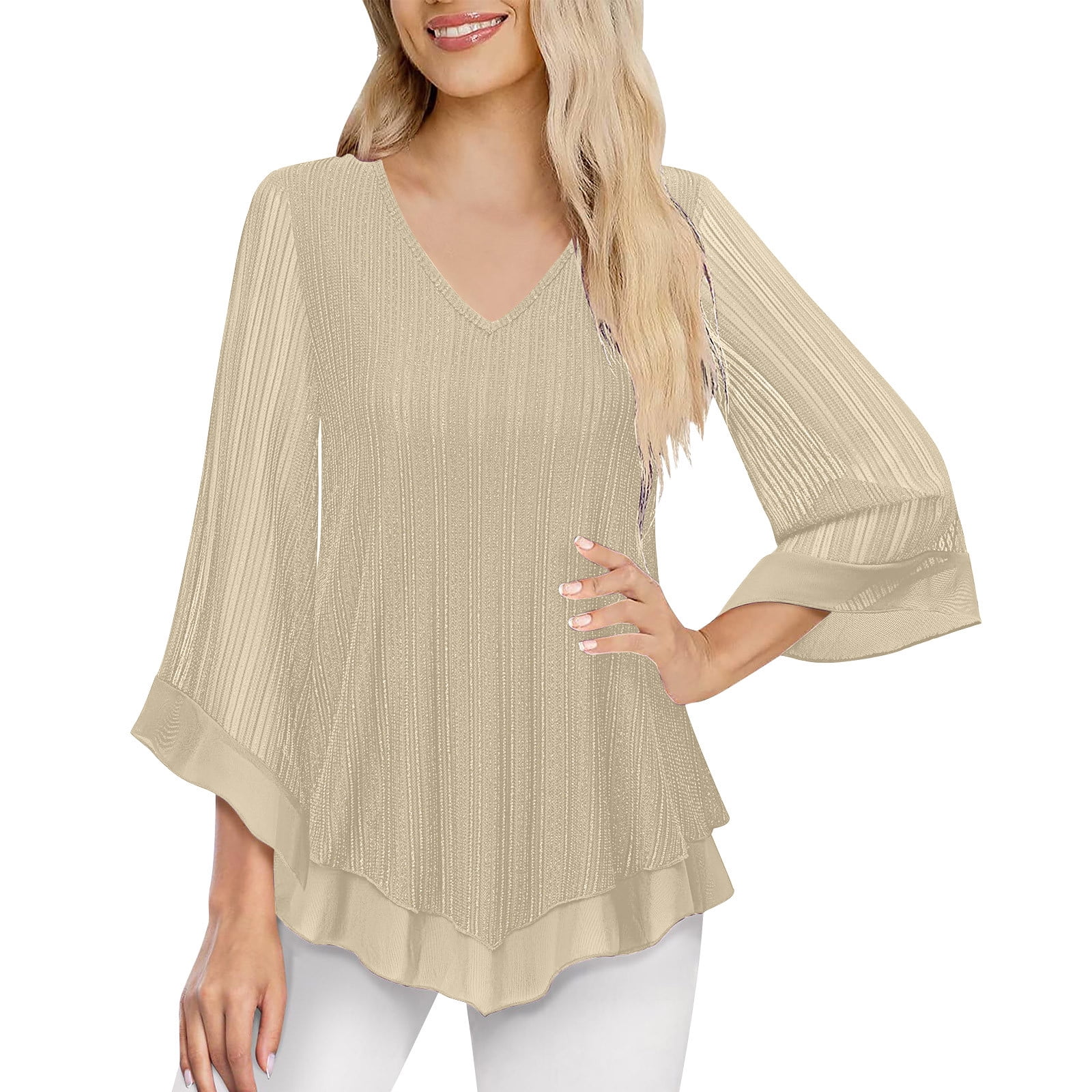 Ecqkame Womens Glittering Gold Hot Stamping Tops Ruffled 3/4 Sleeve ...