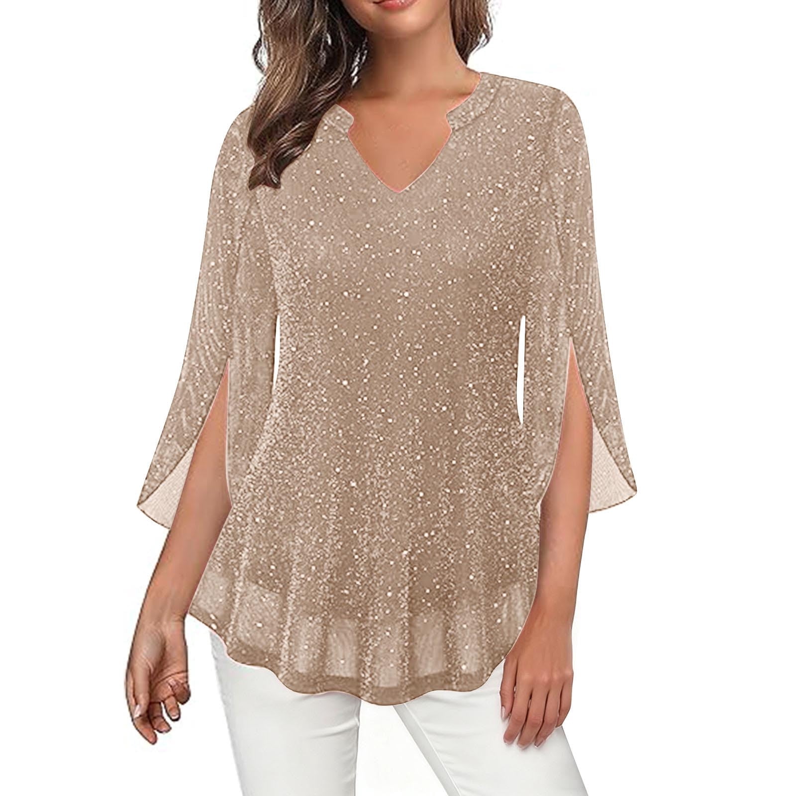Ecqkame Womens Glittering Gold Hot Stamping Tops Ruffled 3/4 Sleeve ...