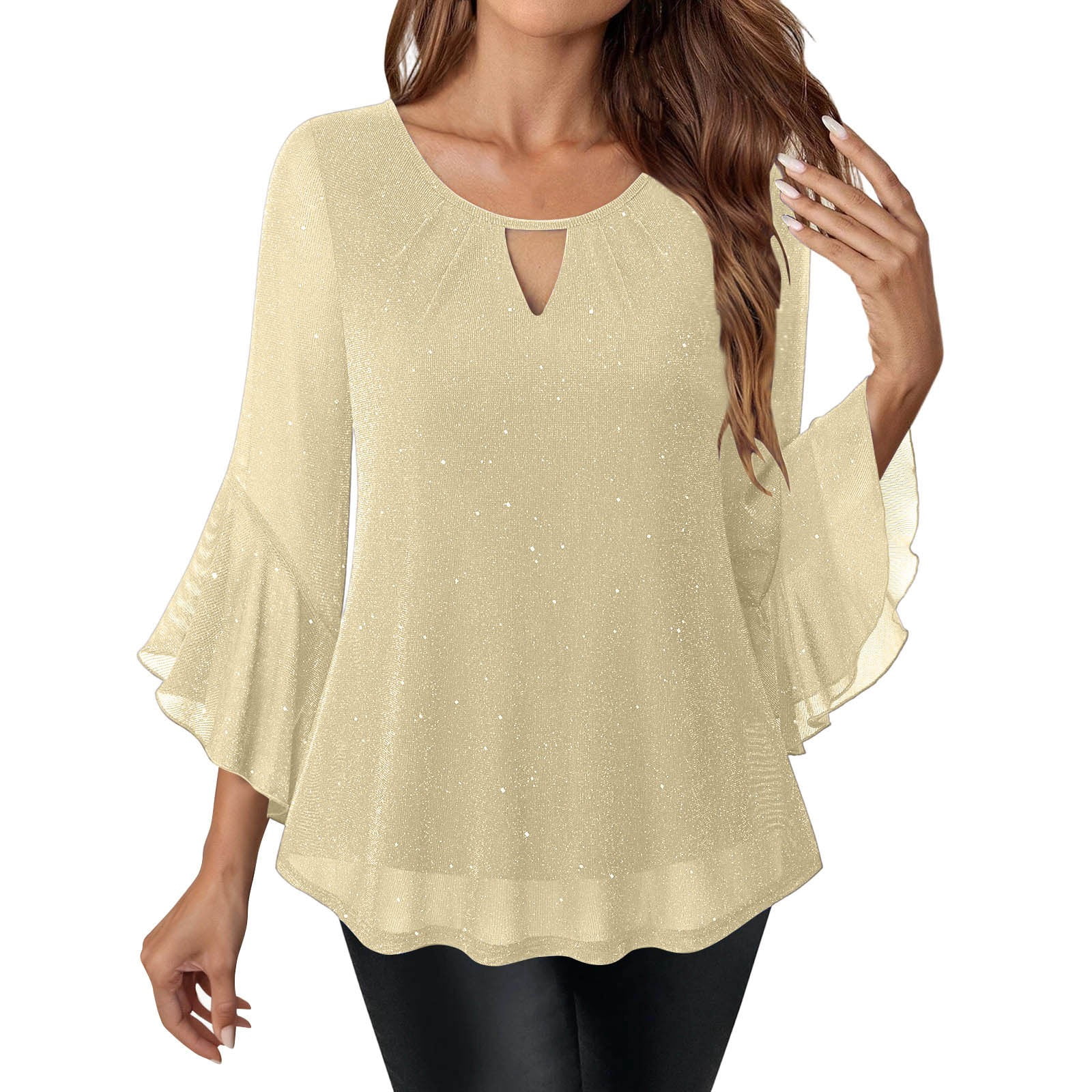 Ecqkame Womens Glittering Gold Hot Stamping Tops Ruffled 3/4 Sleeve ...