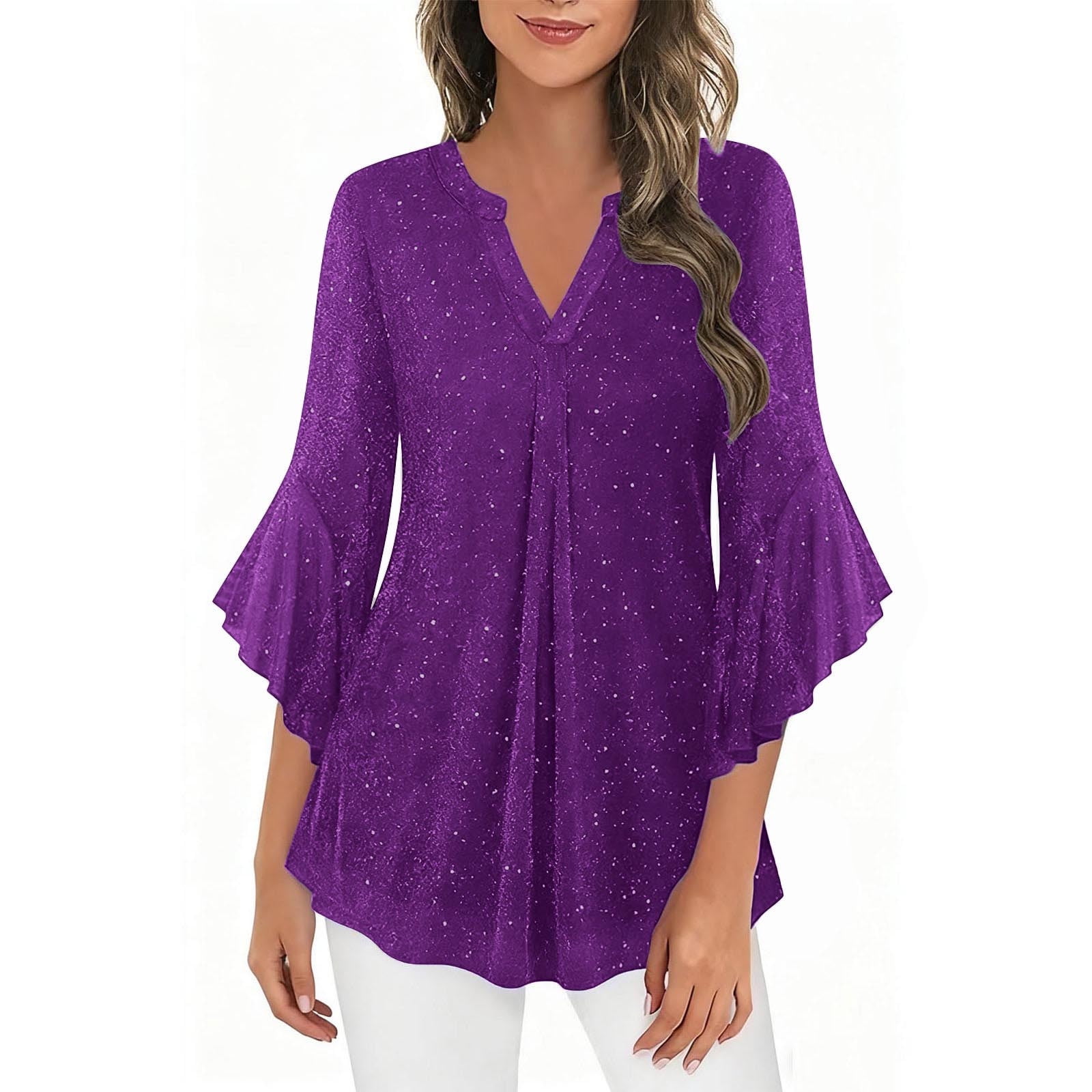 Ecqkame Womens Glittering Gold Hot Stamping Tops Ruffled 3/4 Sleeve ...