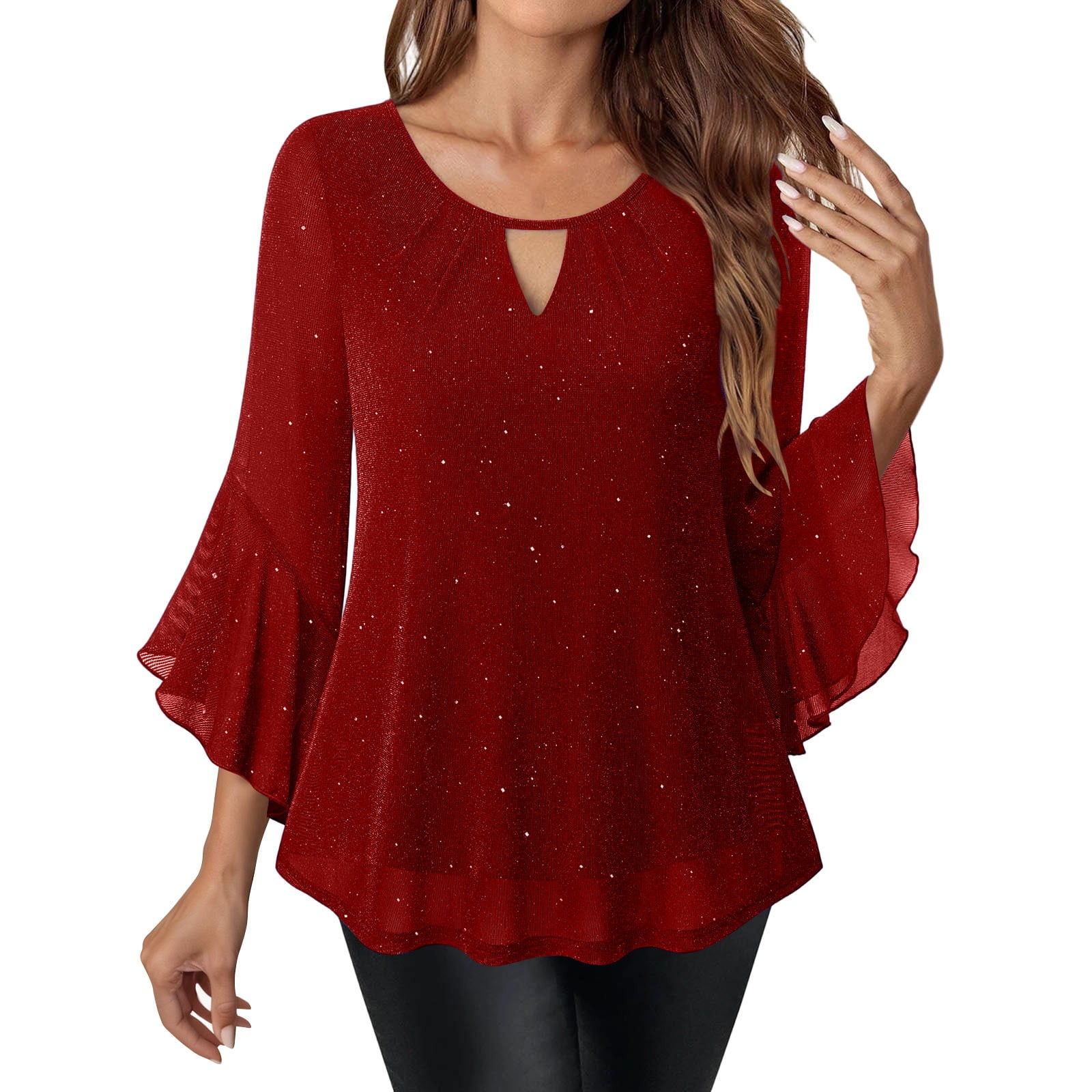 Ecqkame Womens Glittering Gold Hot Stamping Tops Ruffled 3/4 Sleeve ...