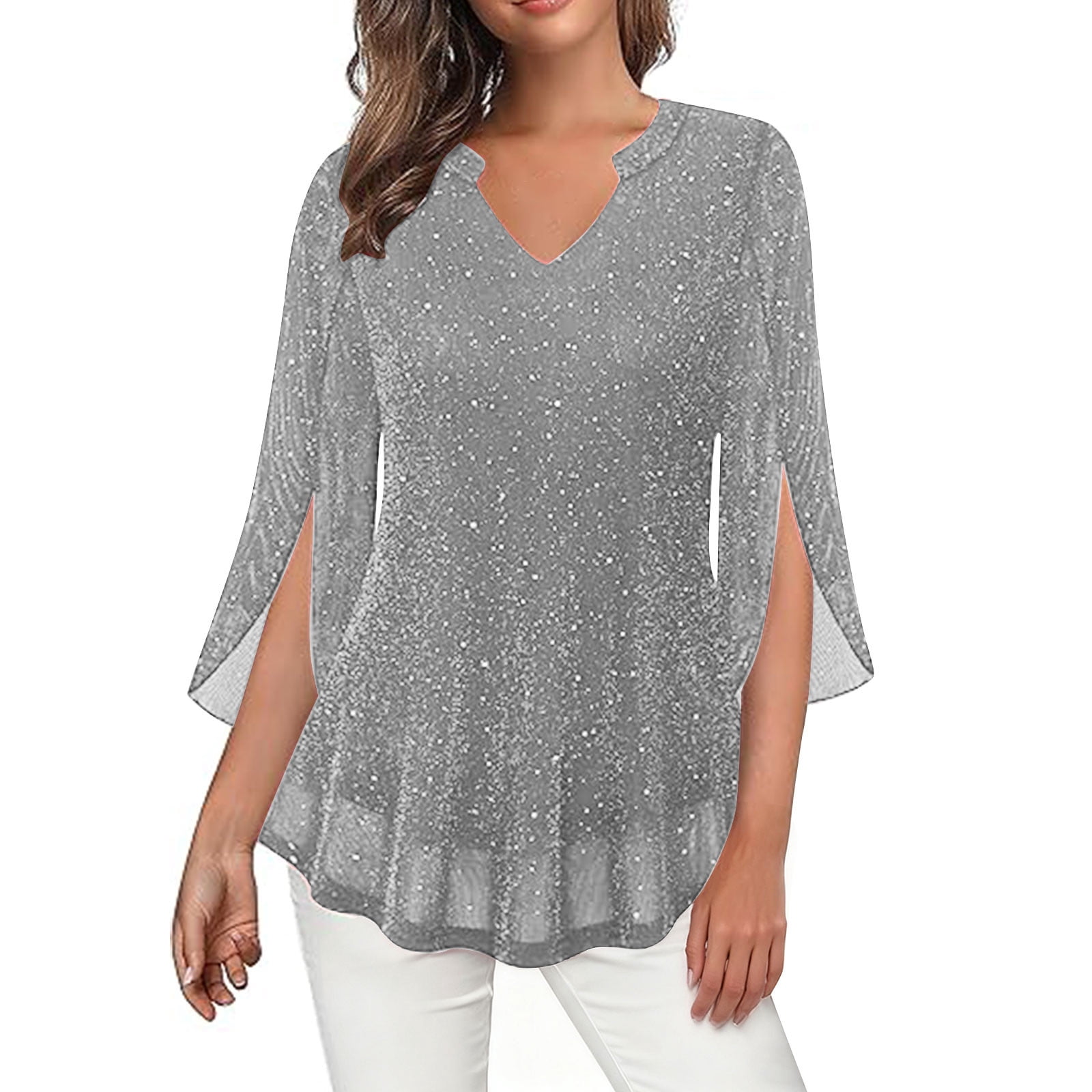 Ecqkame Womens Glittering Gold Hot Stamping Tops Ruffled 3/4 Sleeve ...