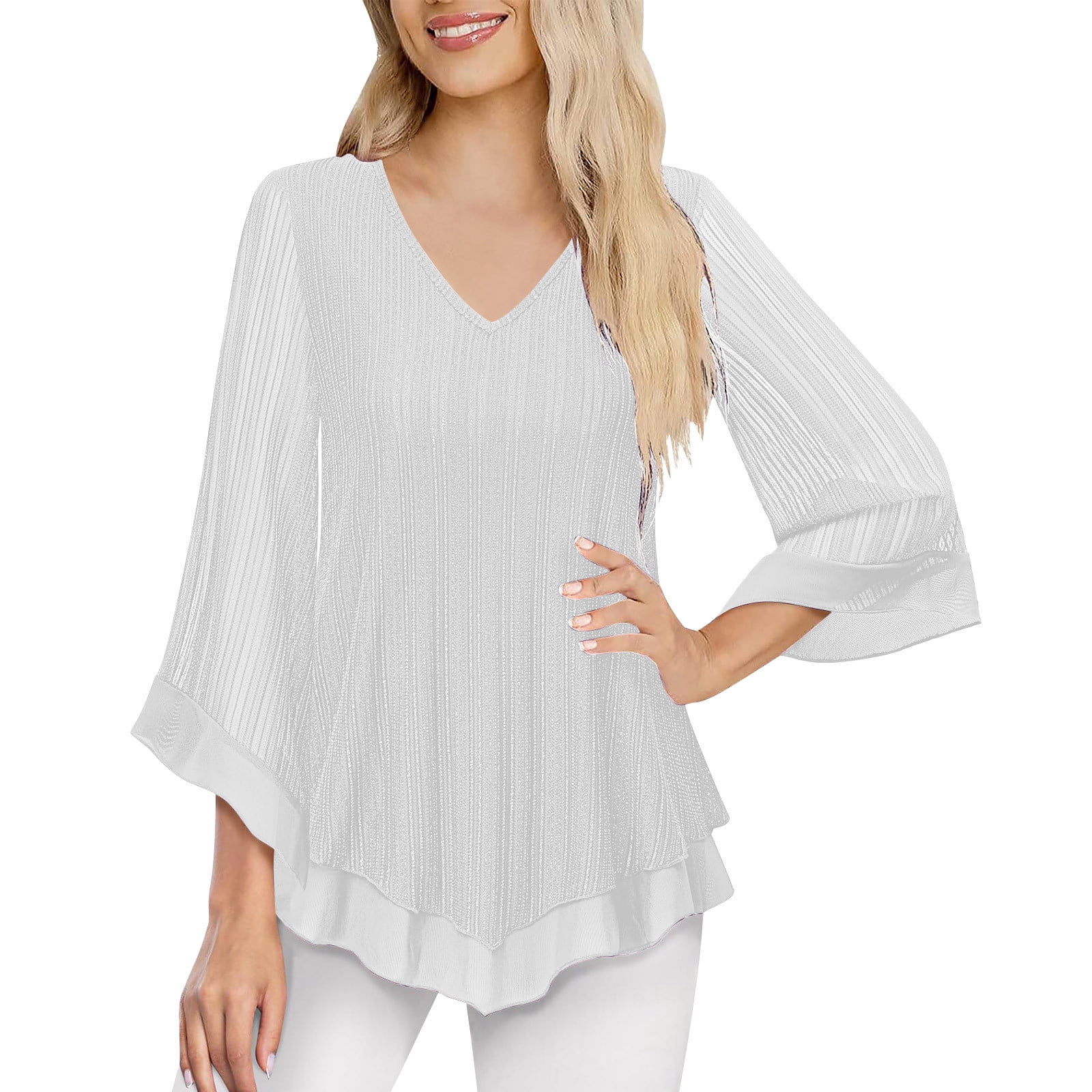 Ecqkame Womens Glittering Gold Hot Stamping Tops Ruffled 3/4 Sleeve ...