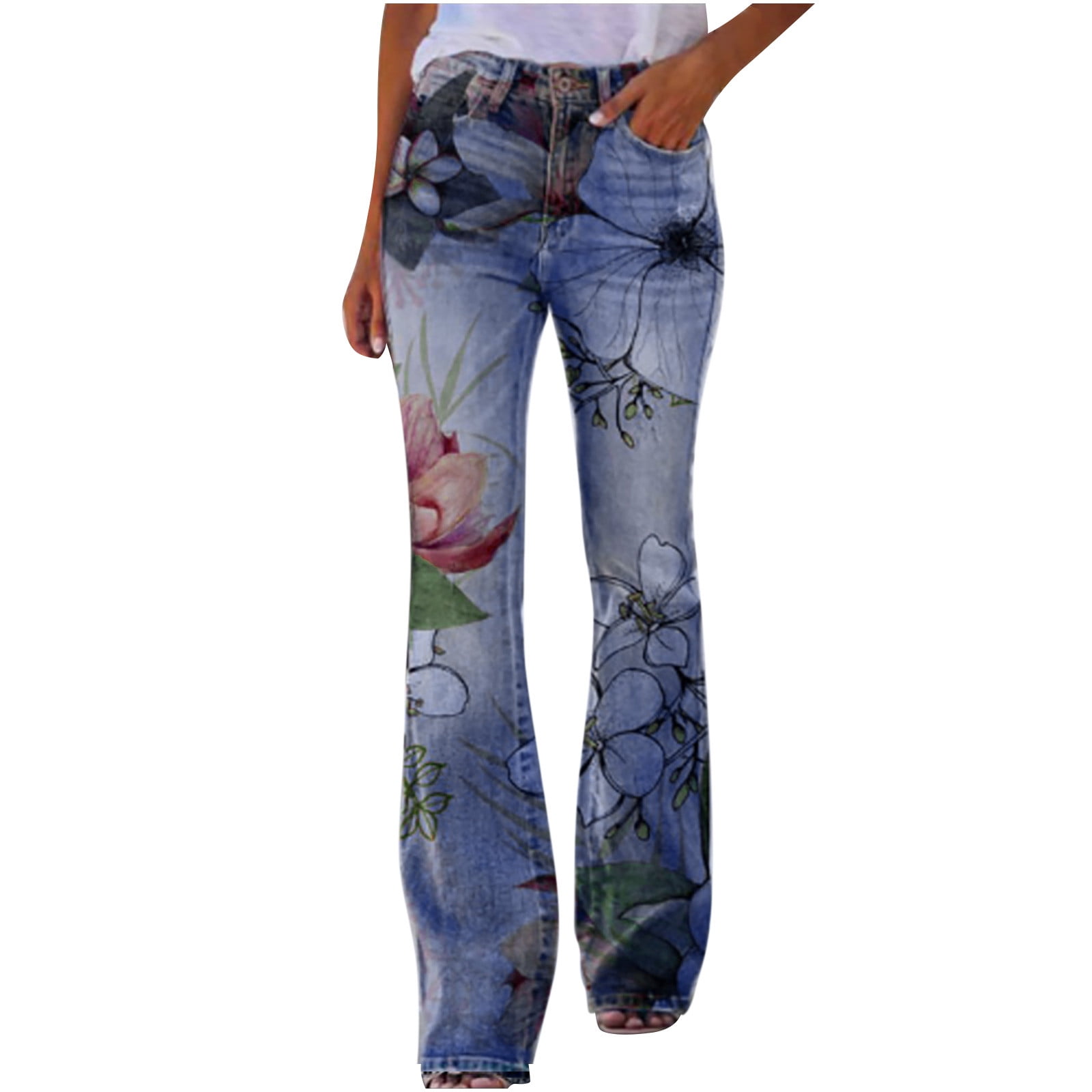 Ecqkame Womens High Waisted Floral Print Bell Bottom Jeans Clearance Womens Elastic Waist ...