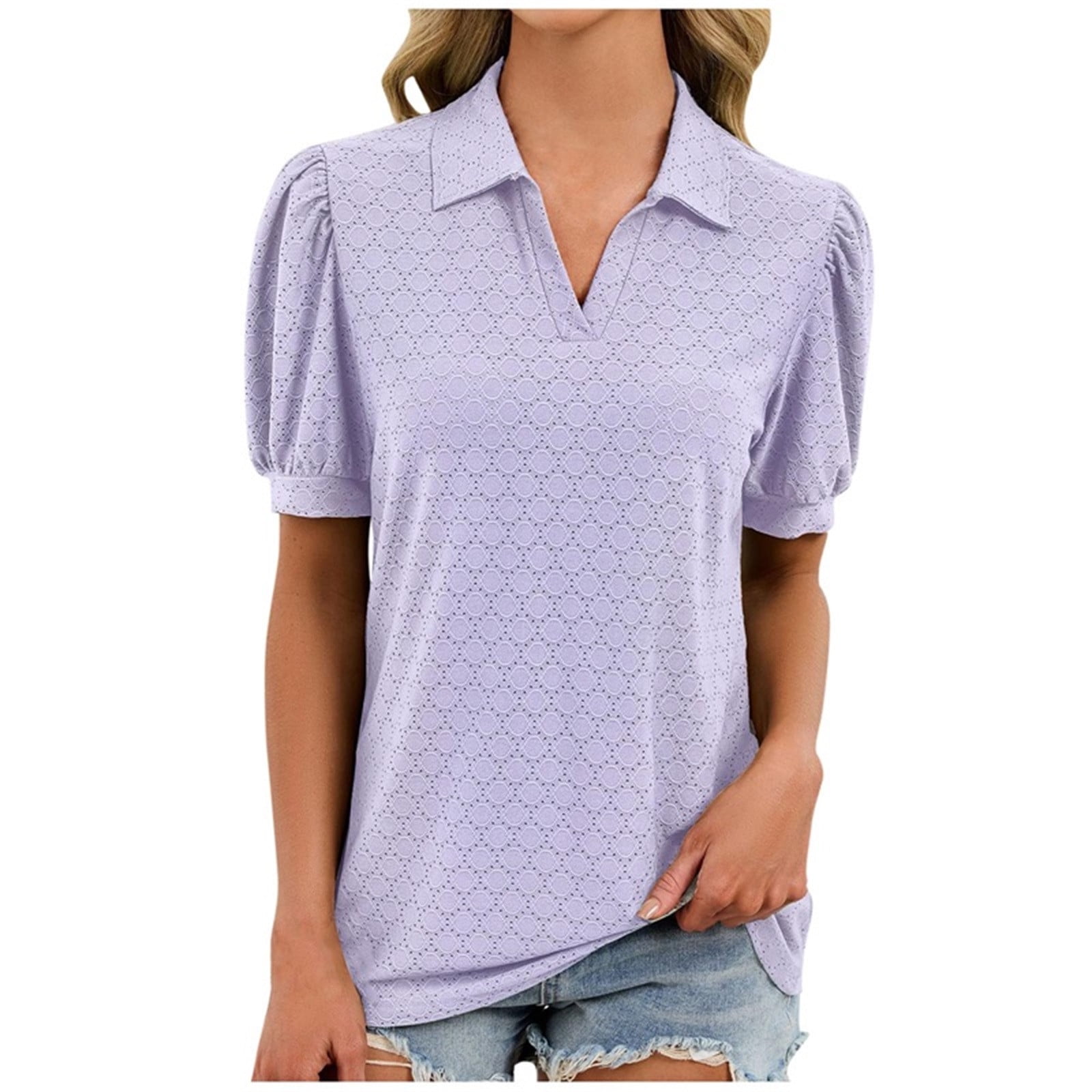 Ecqkame Womens Hollow Out Shirts Short Sleeve Turndown Collar Summer ...
