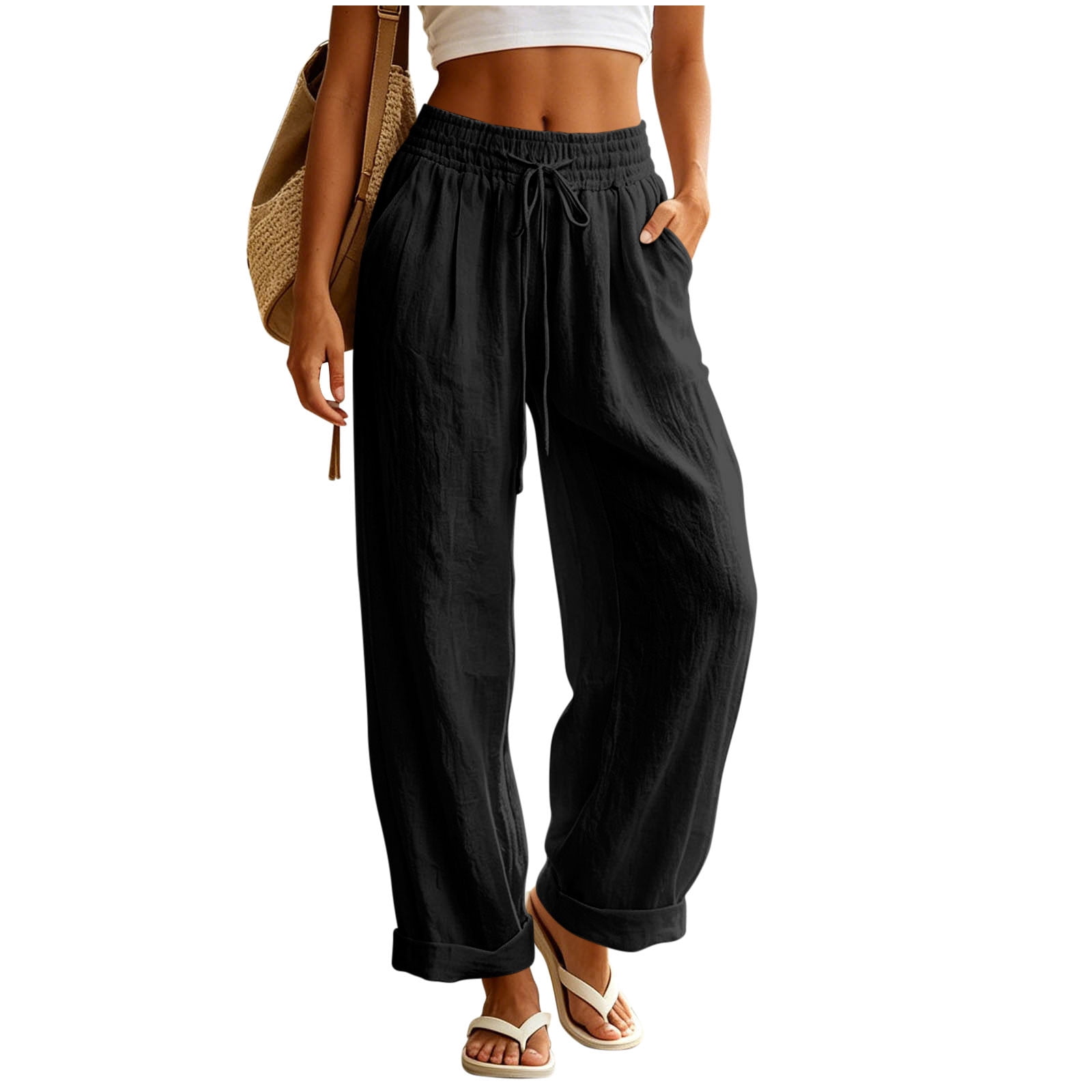 Ecqkame Womens Linen Pants Casual Elastic Waist Drawstring Solid Color ...