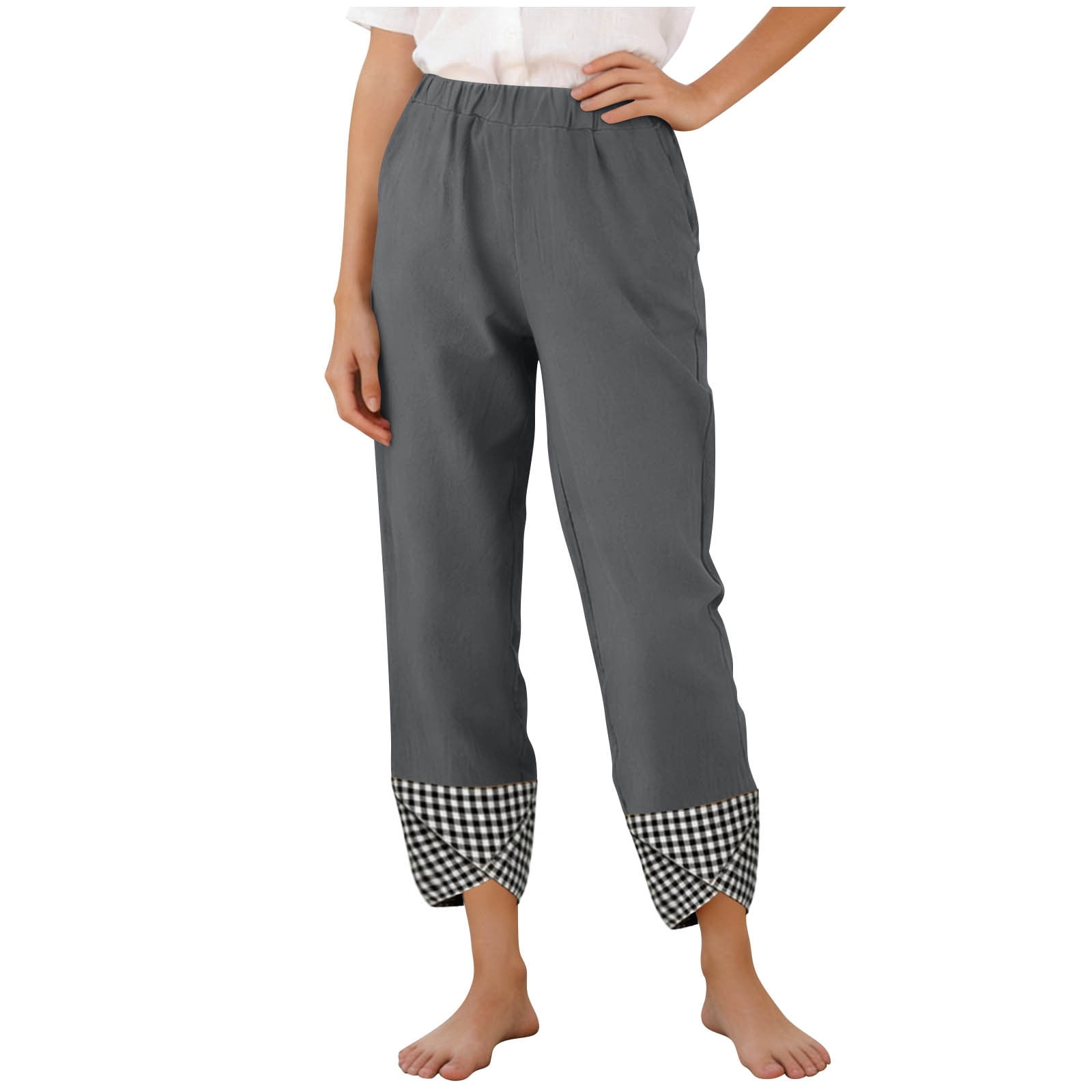 Ecqkame Womens Linen Pants Casual Lace Hem Elastic Waist Solid Color ...