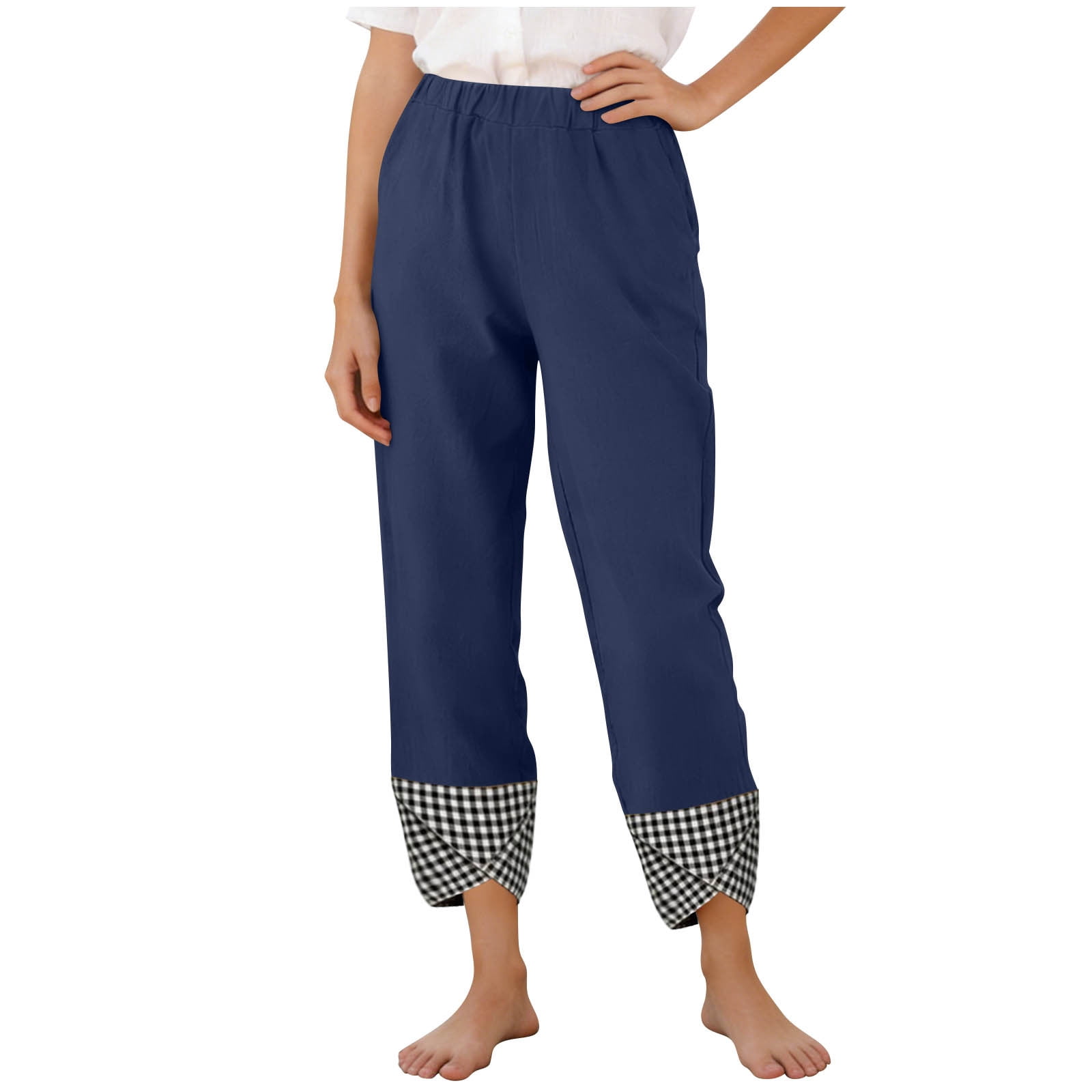 Ecqkame Womens Linen Pants Casual Lace Hem Elastic Waist Solid Color ...