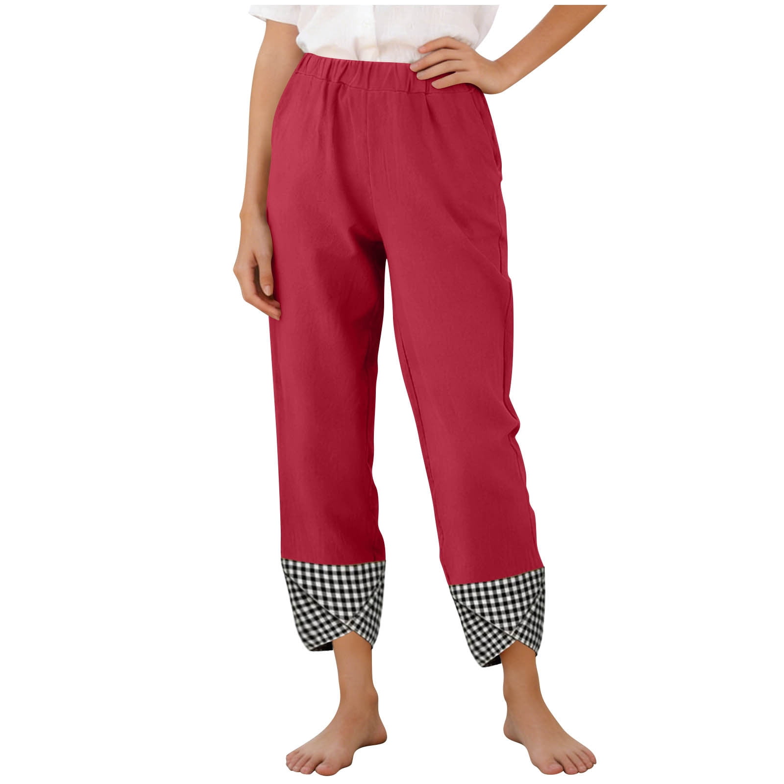 Ecqkame Womens Linen Pants Casual Lace Hem Elastic Waist Solid Color ...