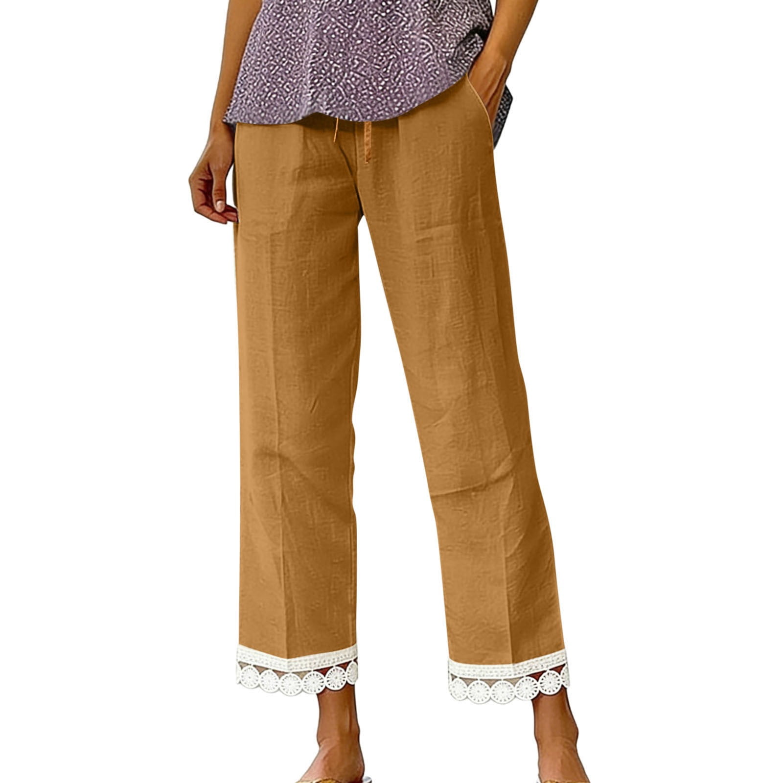 Ecqkame Womens Linen Pants Casual Lace Hem Elastic Waist Solid Color ...