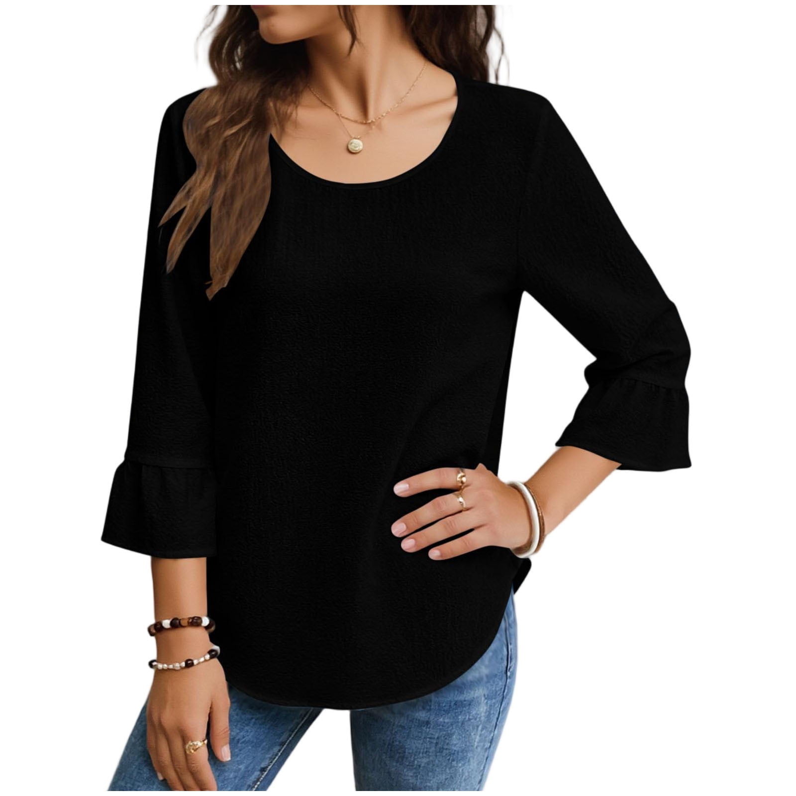 Ecqkame Womens Linen Shirts Three-Quarter Sleeve Crew Neck Tunic Tops ...
