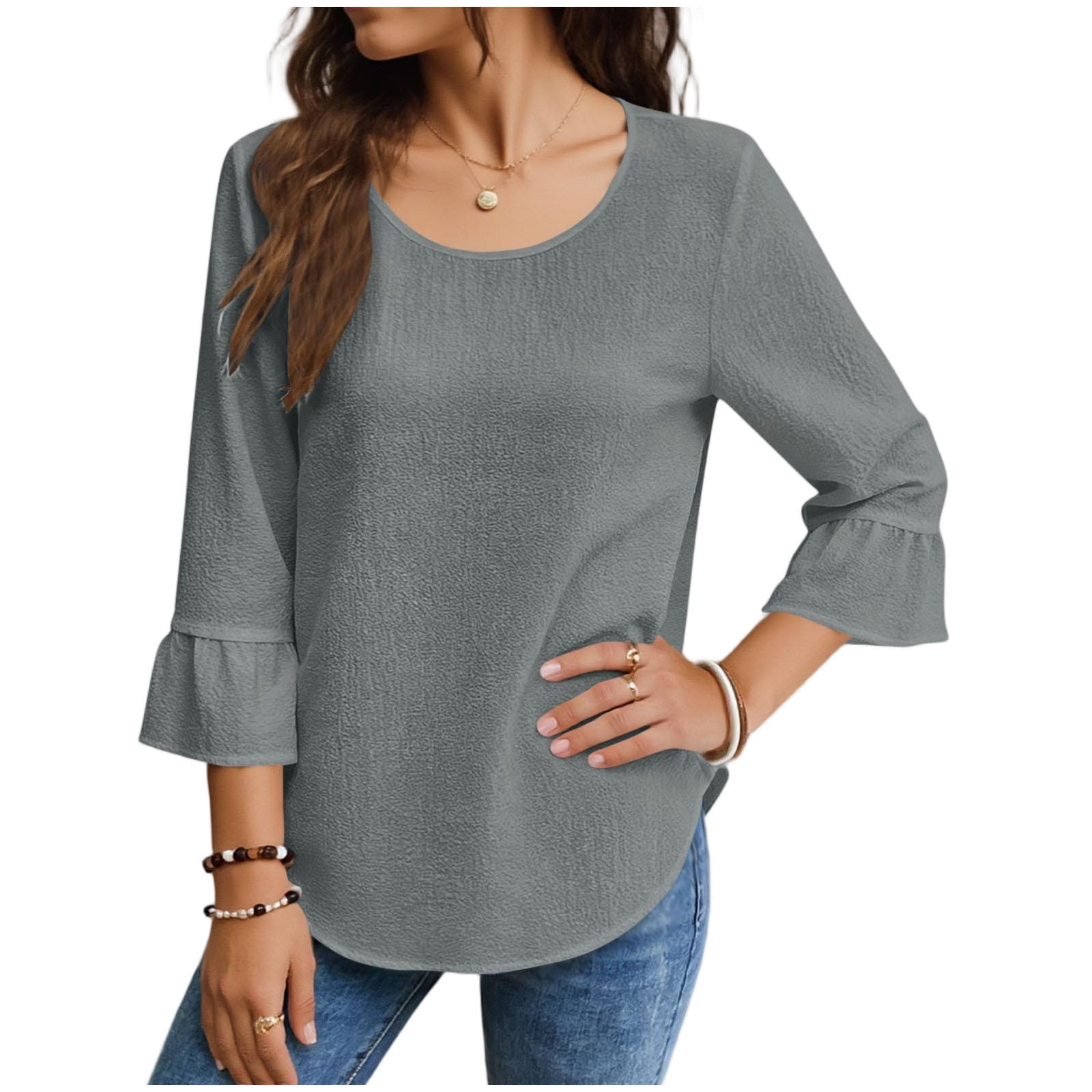 Ecqkame Womens Linen Shirts Three-Quarter Sleeve Crew Neck Tunic Tops ...