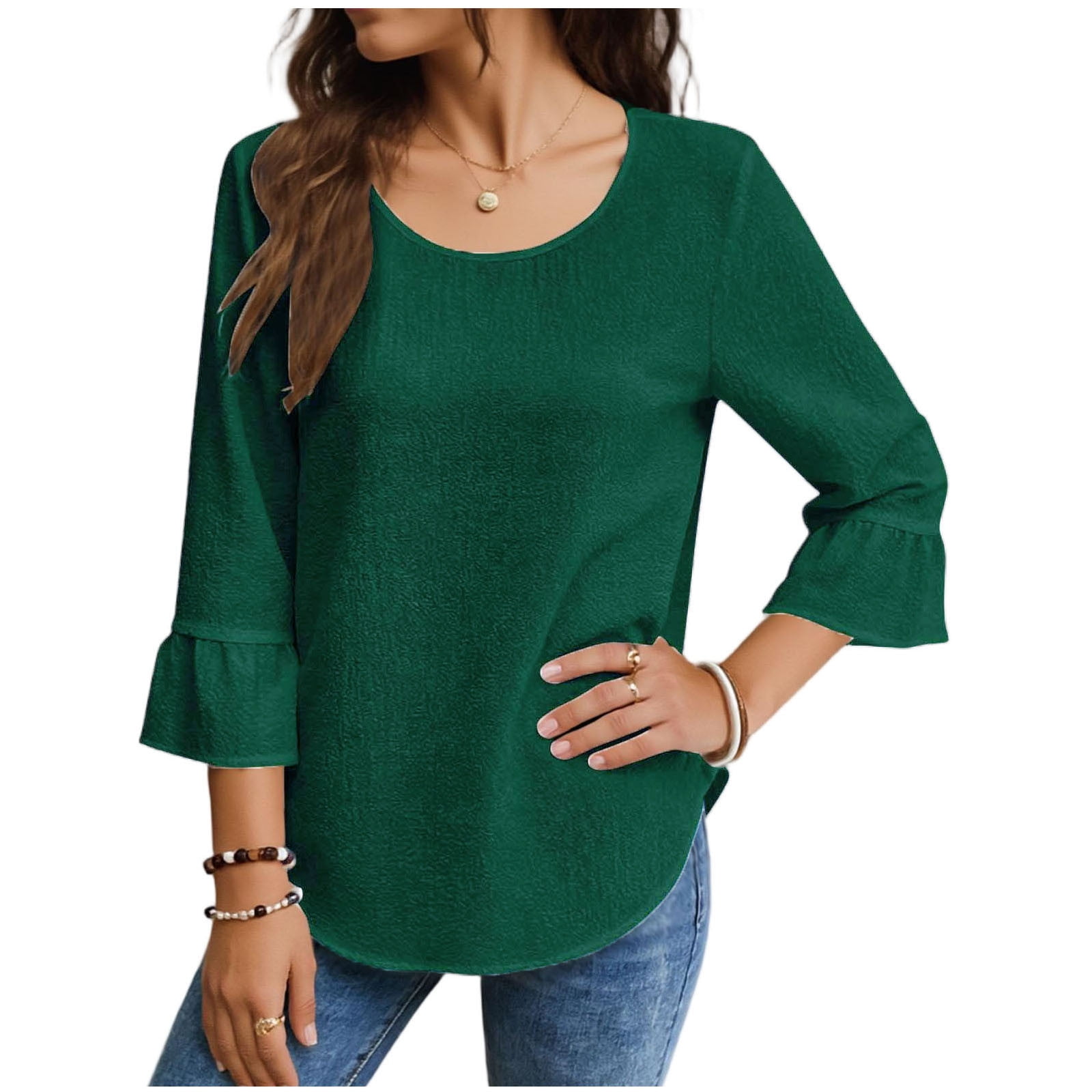 Ecqkame Womens Linen Shirts Three-Quarter Sleeve Crew Neck Tunic Tops ...
