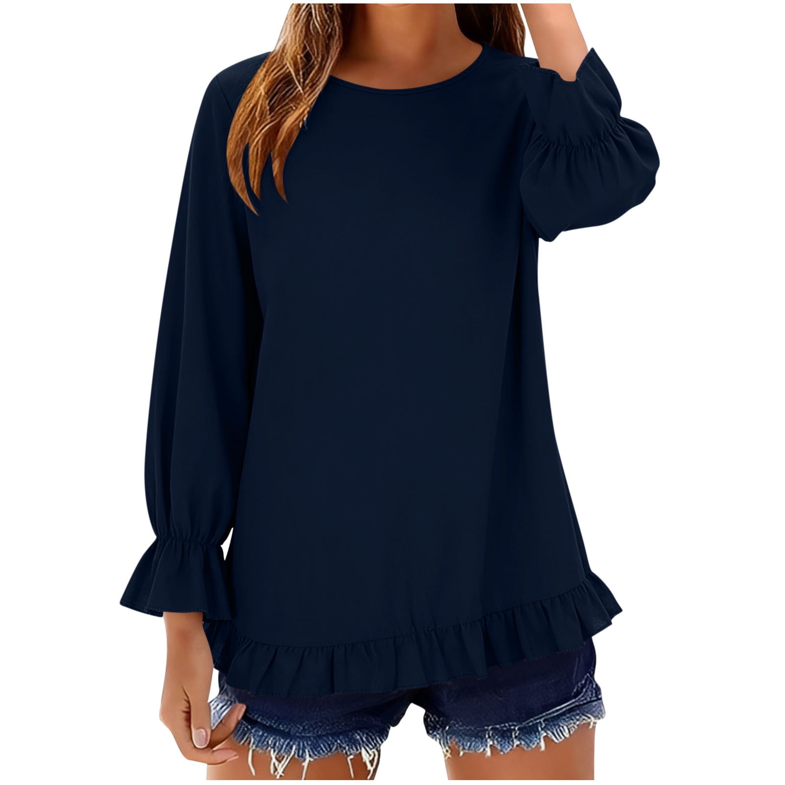 Ecqkame Womens Linen Shirts Three-Quarter Sleeve Crew Neck Tunic Tops ...