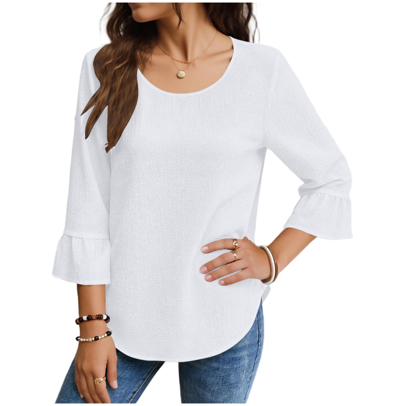 Ecqkame Womens Linen Shirts Three-Quarter Sleeve Crew Neck Tunic Tops ...