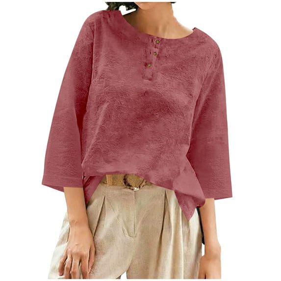 Ecqkame Womens Linen Shirts Three-Quarter Sleeve Crew Neck Tunic Tops ...
